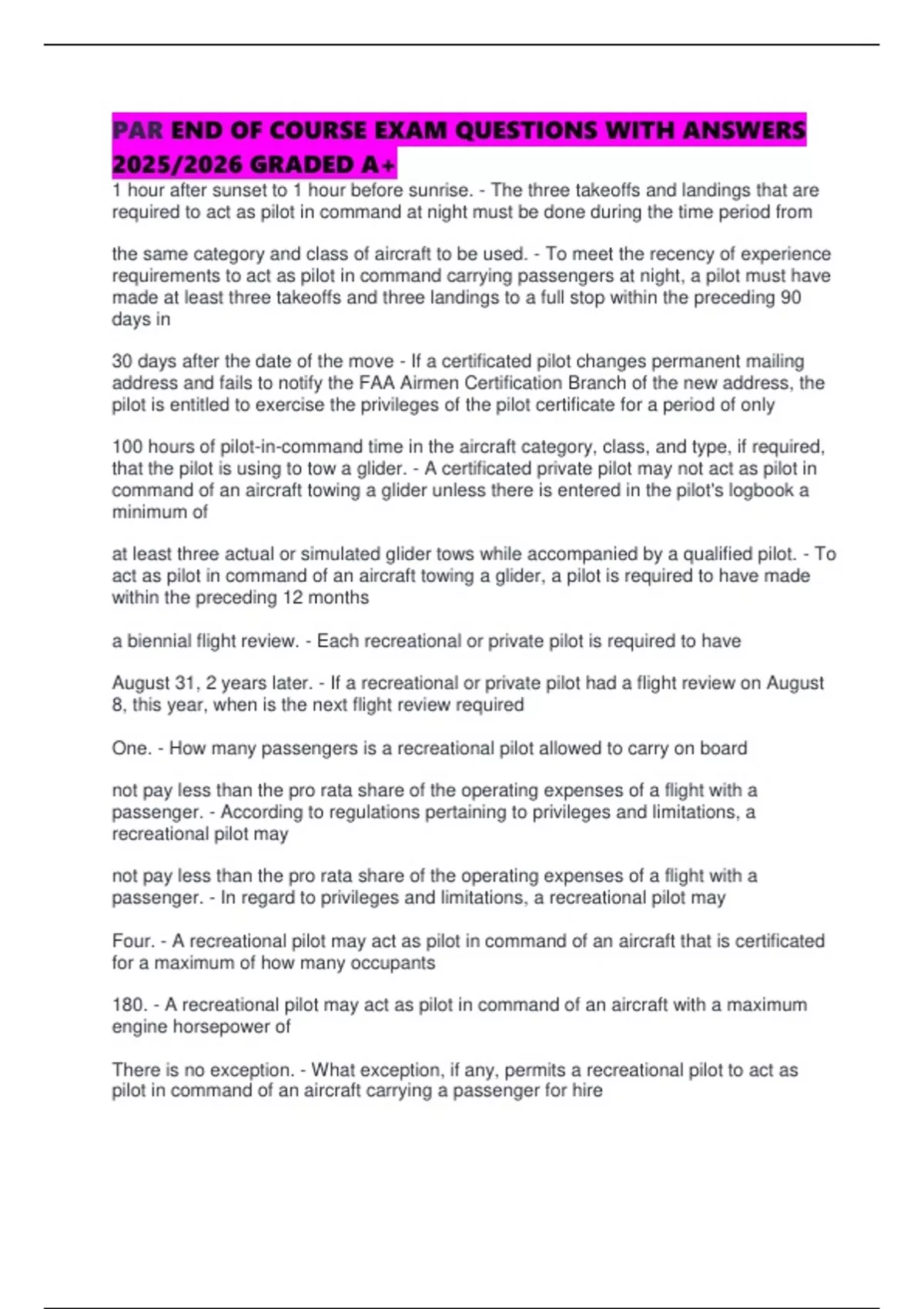PAR END OF COURSE EXAM QUESTIONS WITH ANSWERS 2025/2026 GRADED A+ - Par ...