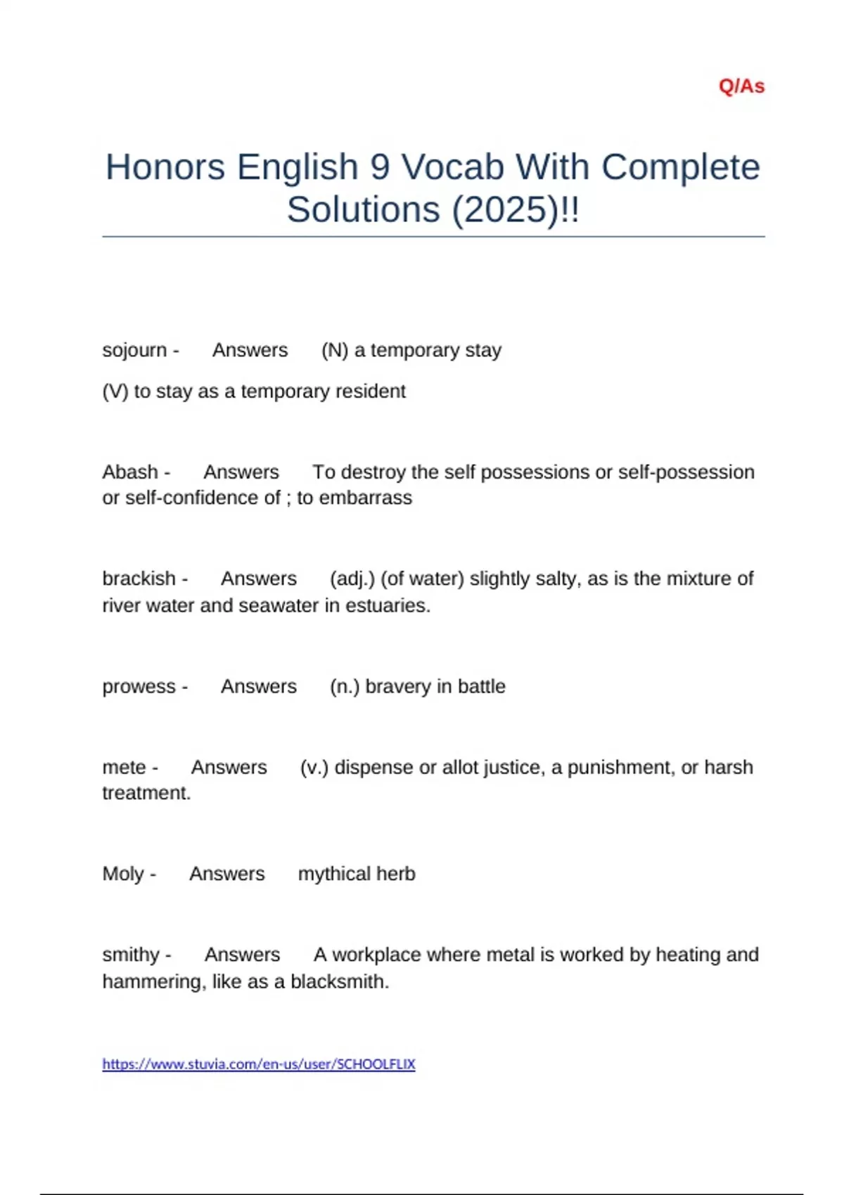 Honors English 9 Vocab With Complete Solutions (2025)!! - Honours ...