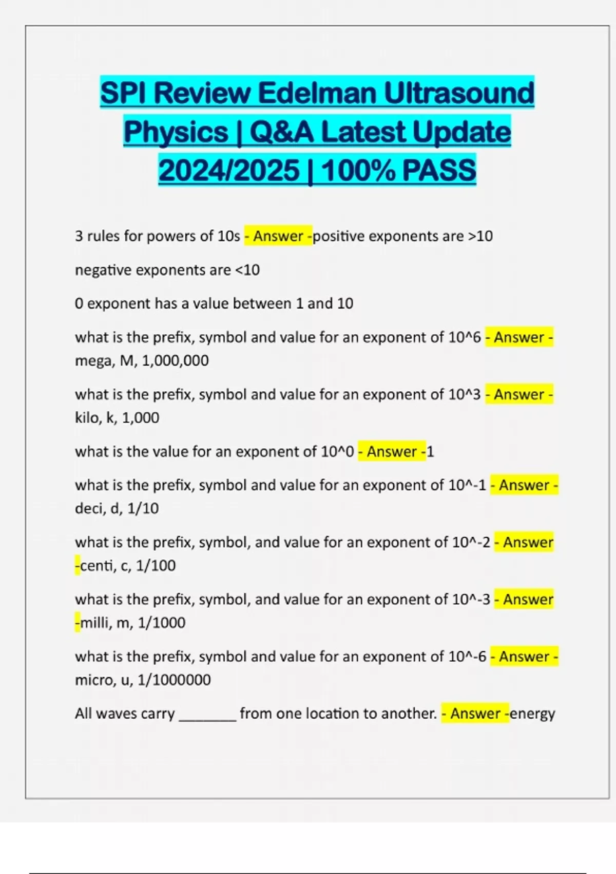 SPI Review Edelman Ultrasound Physics | Q&A Latest Update 2024/2025 ...