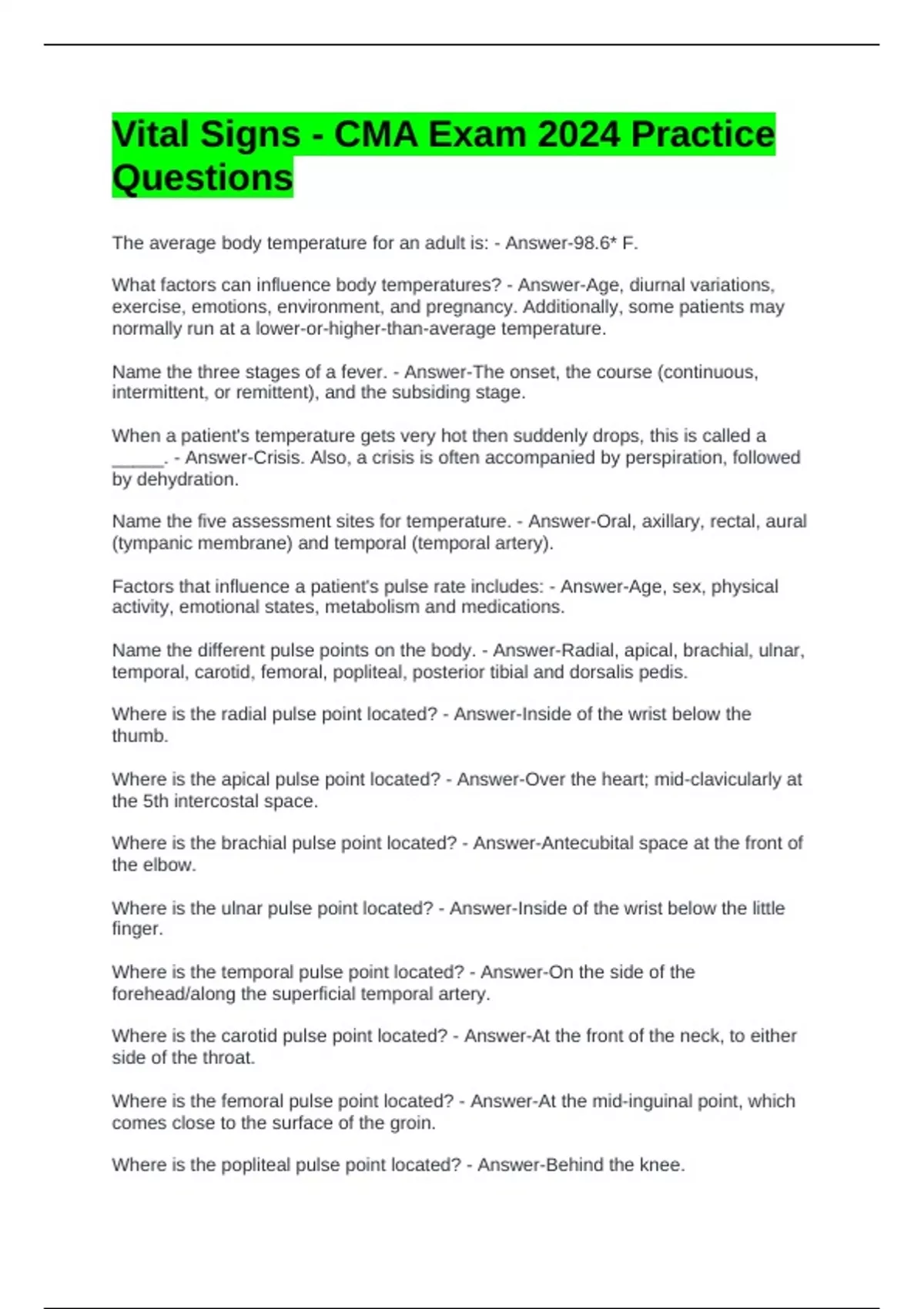 Vital Signs - CMA Exam 2024 Practice Questions and Answers - Vital ...