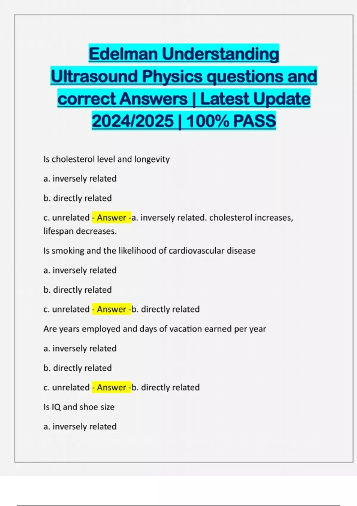 Edelman Understanding Ultrasound Physics questions and correct Answers ...
