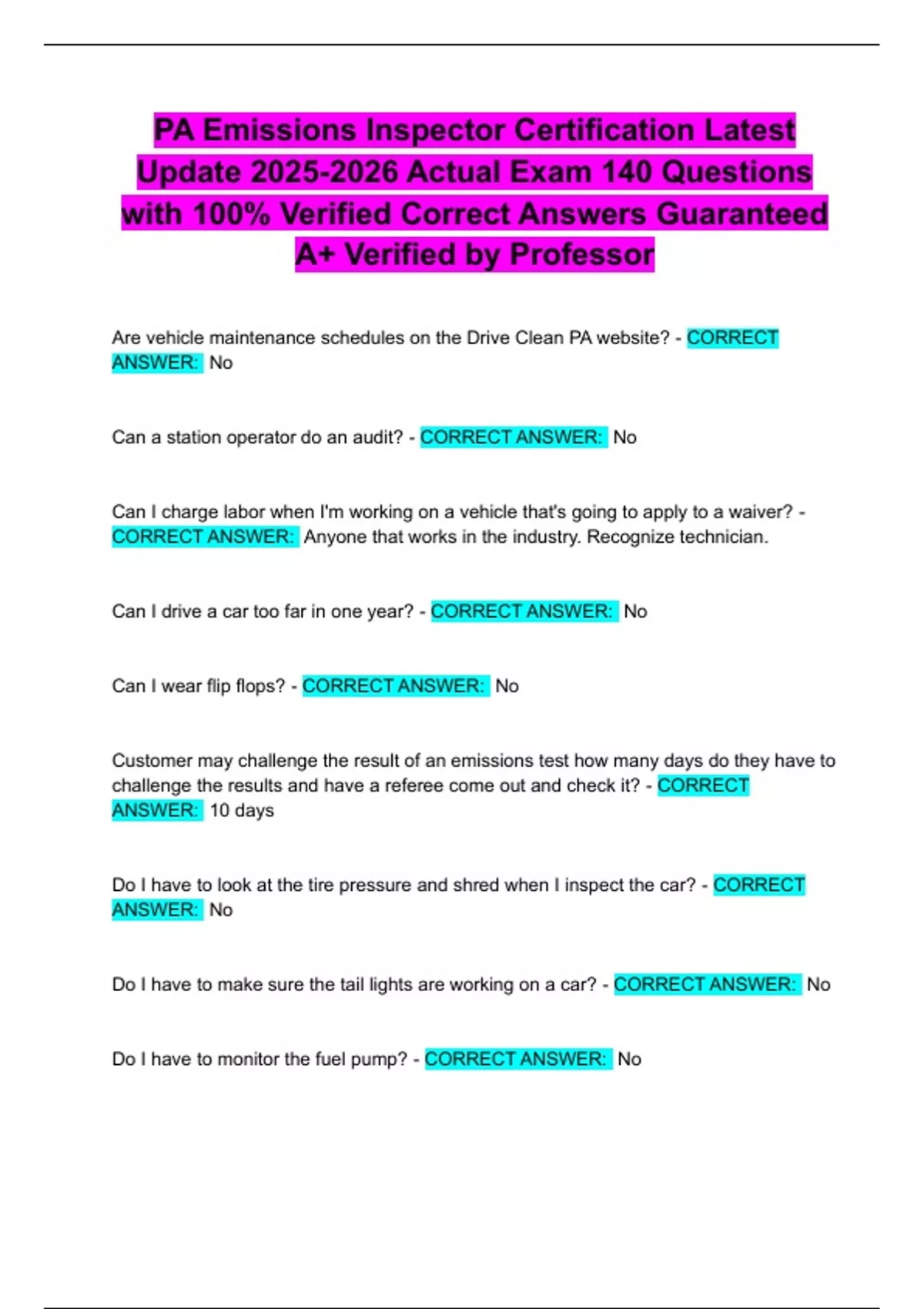 PA Emissions Inspector Certification Latest Update Actual Exam 140 ...