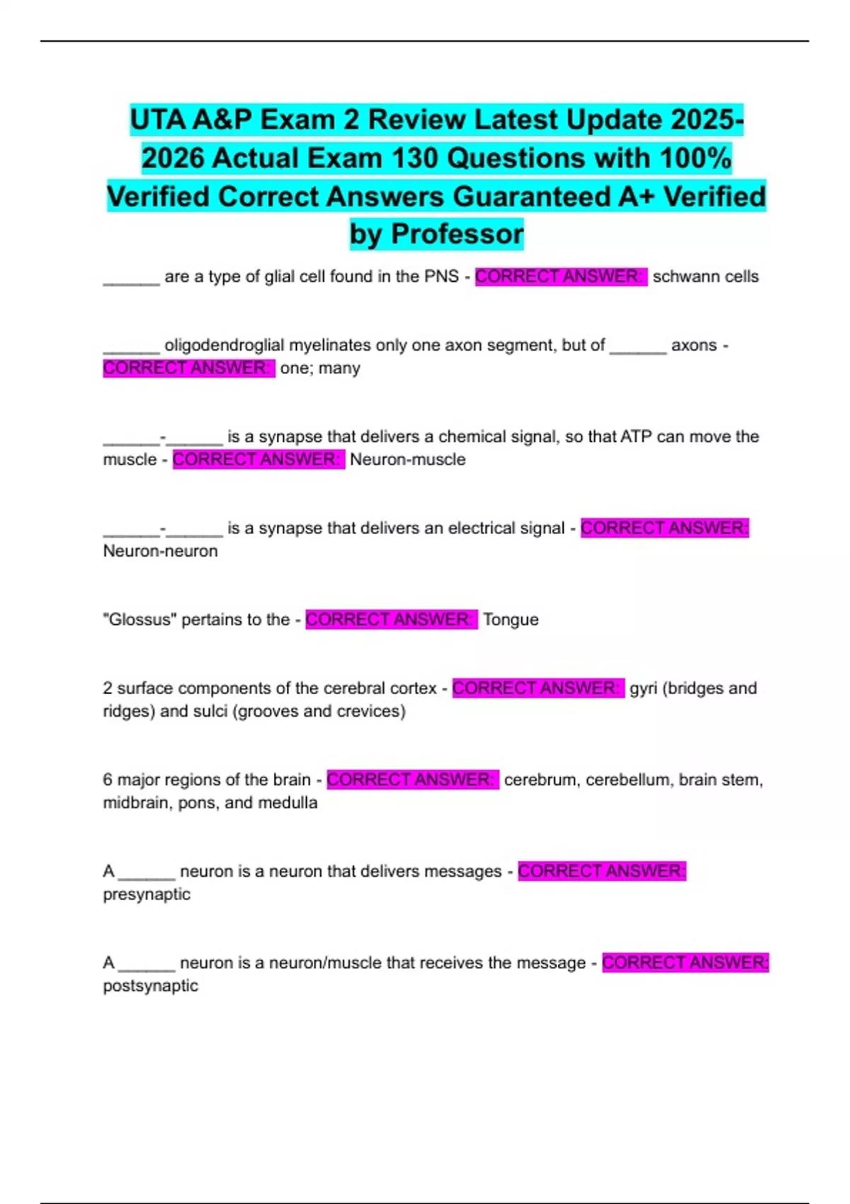 UTA A&P Exam 2 Review Latest Update Actual Exam 130 Questions with 100% ...