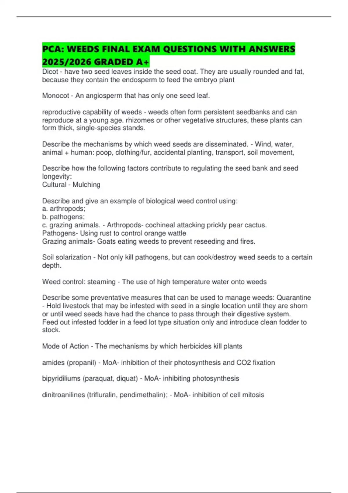 PCA: WEEDS FINAL EXAM QUESTIONS WITH ANSWERS 2025/2026 GRADED A+ - PCA ...