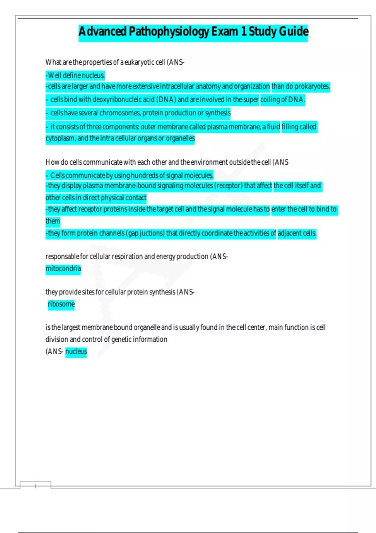 Advanced Pathophysiology Exam 1 Study Guide - Advanced pathophysiology ...