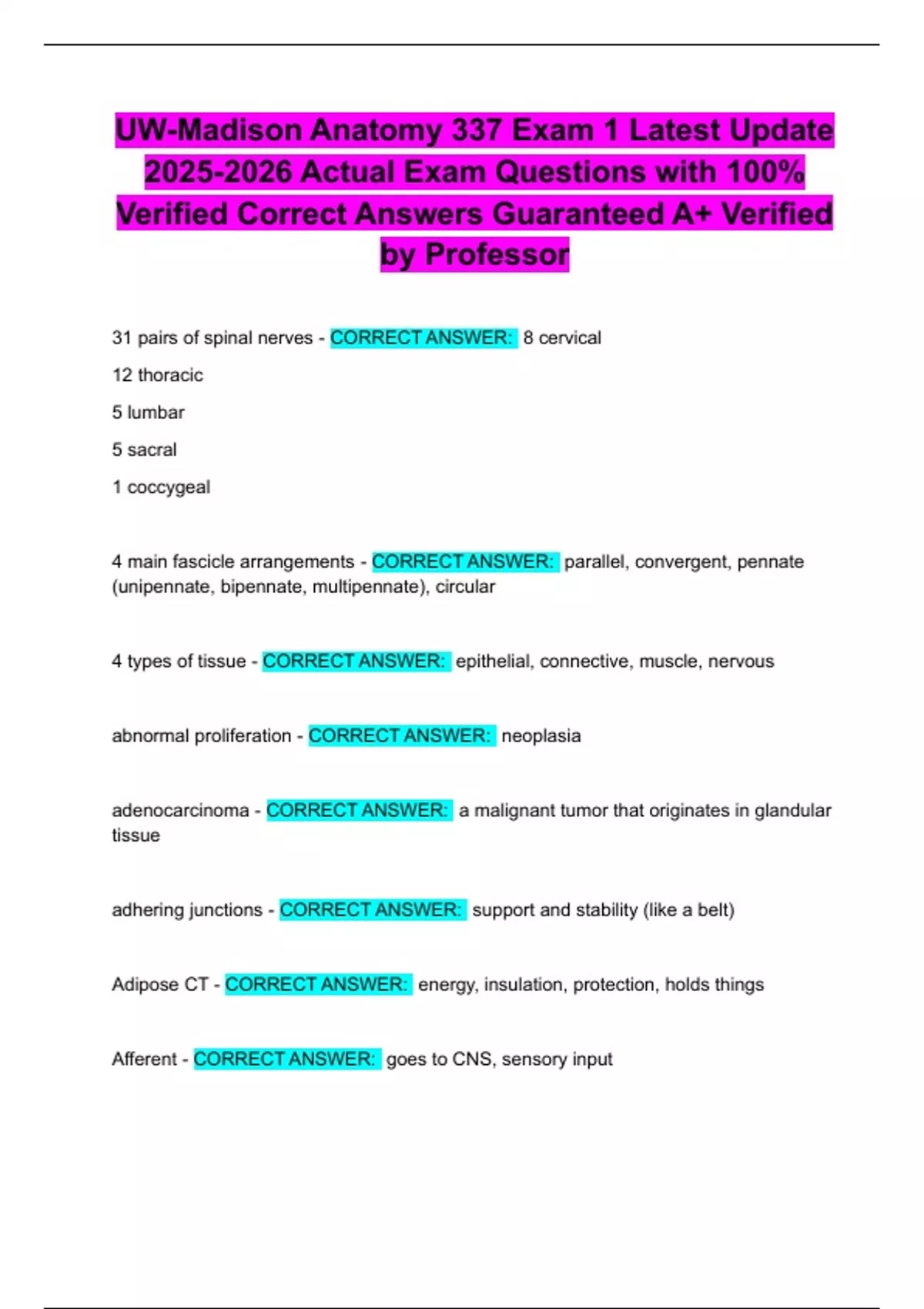 UW-Madison Anatomy 337 Exam 1 Latest Update Actual Exam Questions with ...