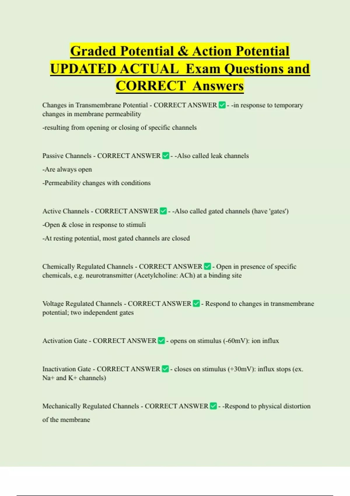 Graded Potential & Action Potential UPDATED ACTUAL Exam Questions and ...