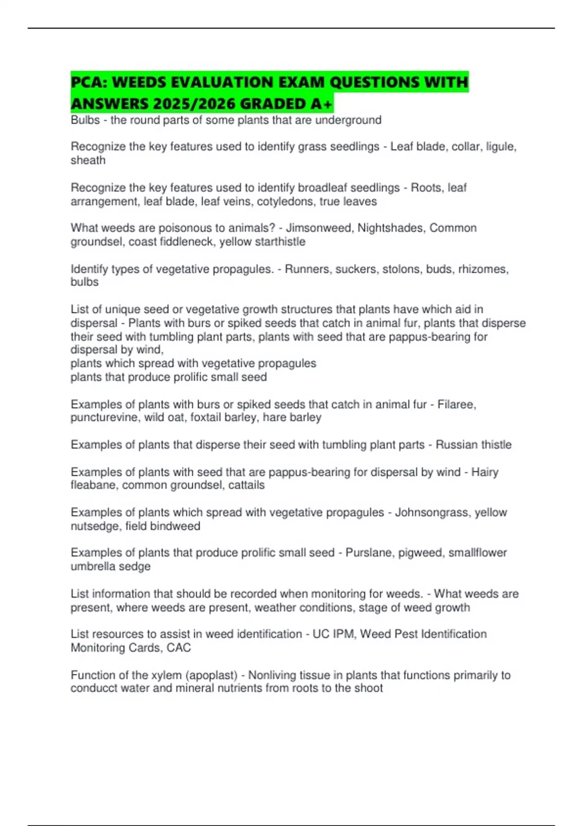 PCA: WEEDS EVALUATION EXAM QUESTIONS WITH ANSWERS 2025/2026 GRADED A+ ...
