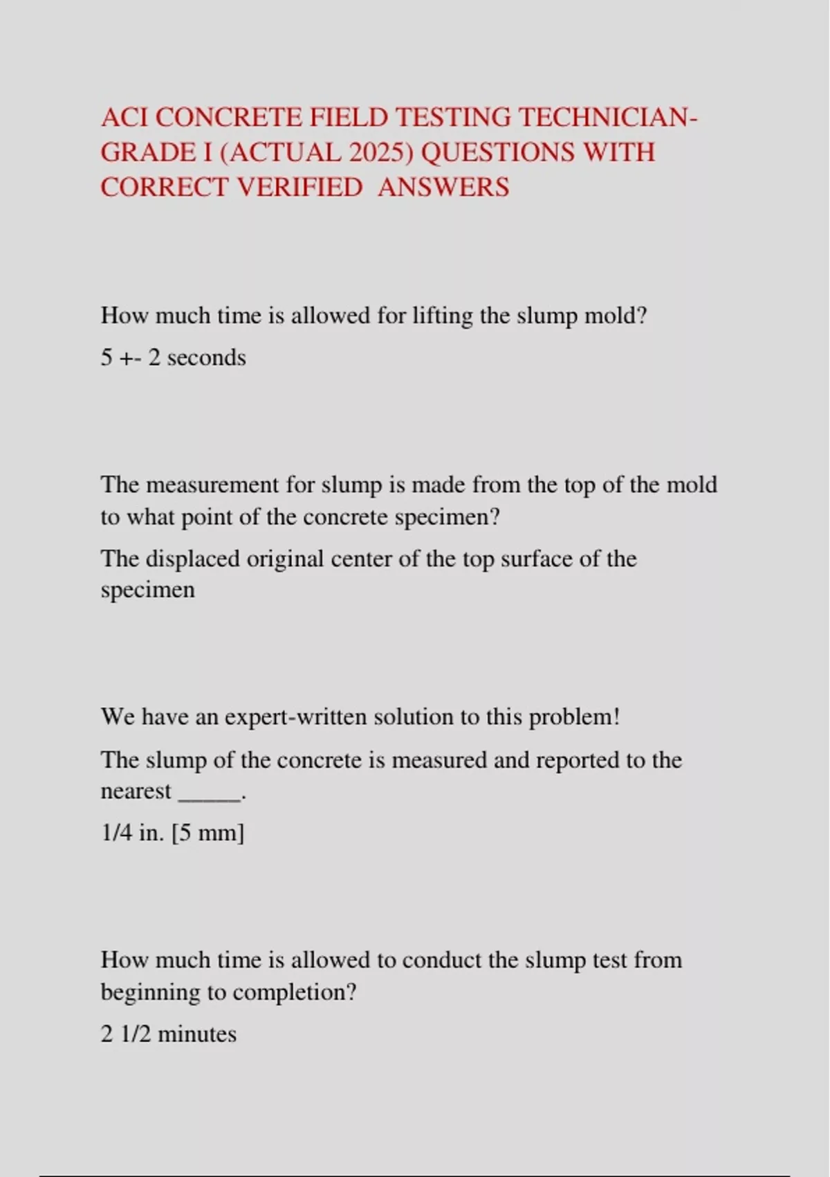 ACI CONCRETE FIELD TESTING TECHNICIAN GRADE I (ACTUAL 2025) QUESTIONS ...