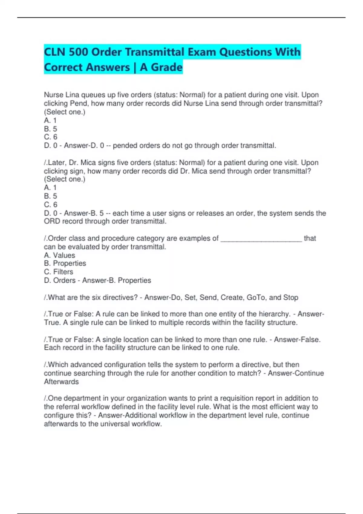 CLN 500 Order Transmittal Exam Questions With Correct Answers | A Grade ...