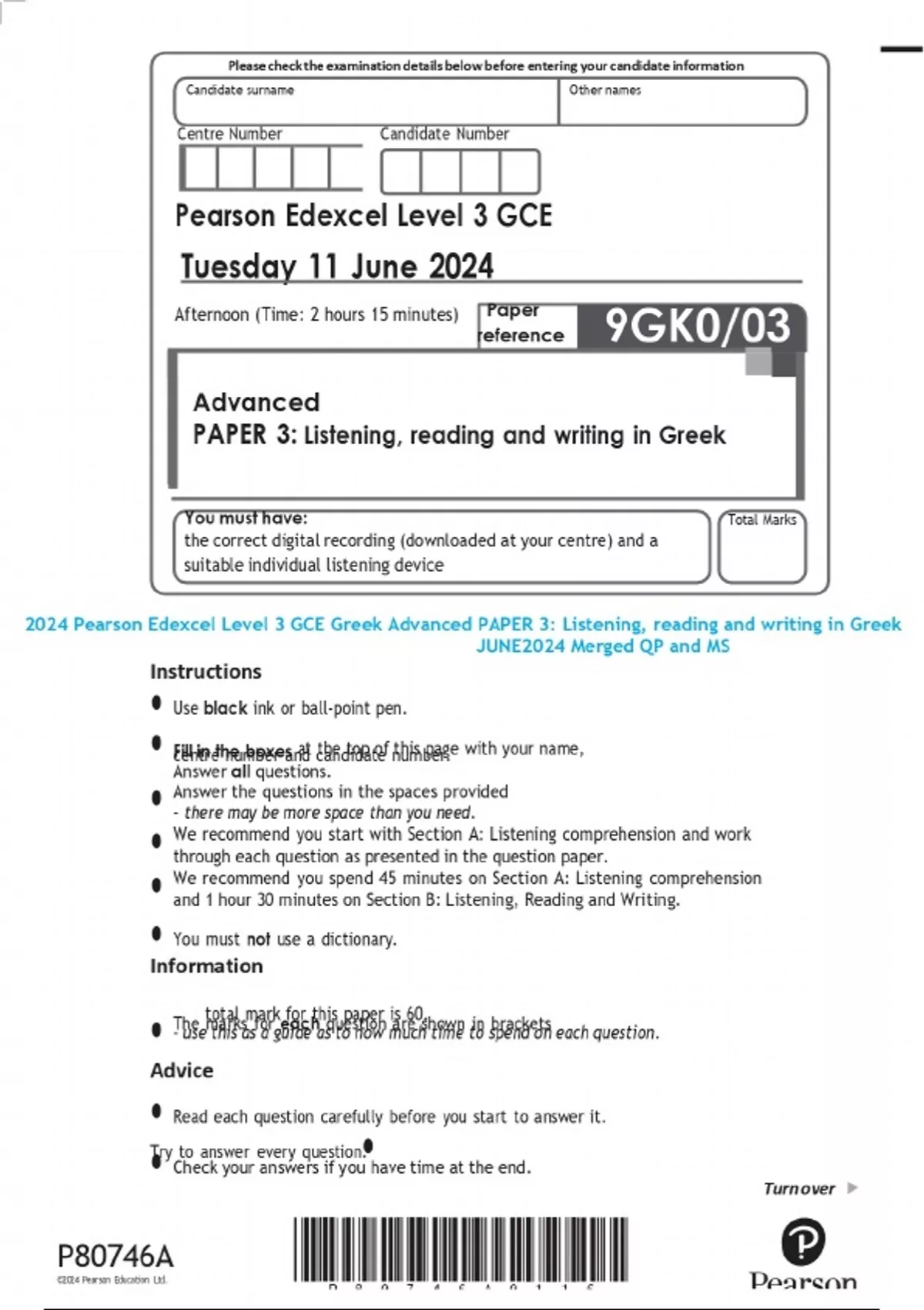 2024 Pearson Edexcel Level 3 GCE Greek Advanced PAPER 3: Listening ...