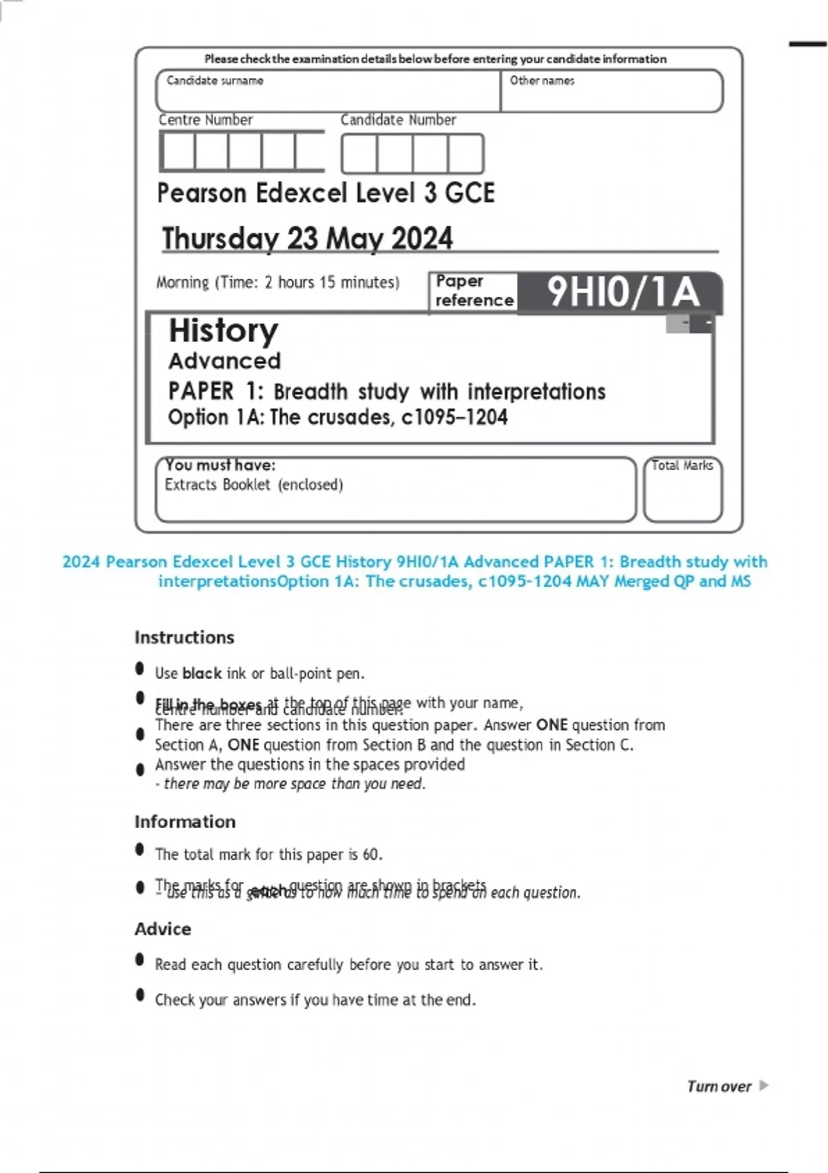 2024 Pearson Edexcel Level 3 GCE History 9HI0/1A Advanced PAPER 1 ...