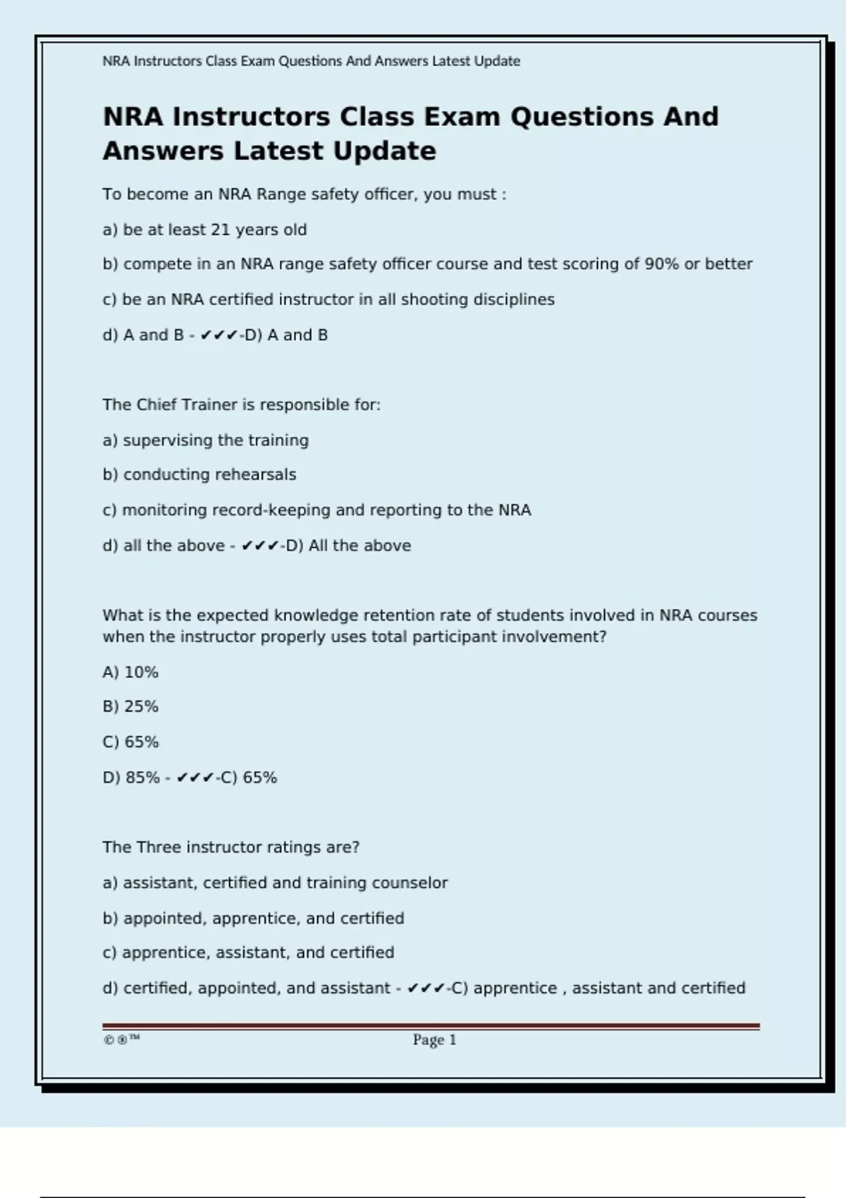 NRA Instructors Class Exam Questions And Answers Latest Update - NRA ...