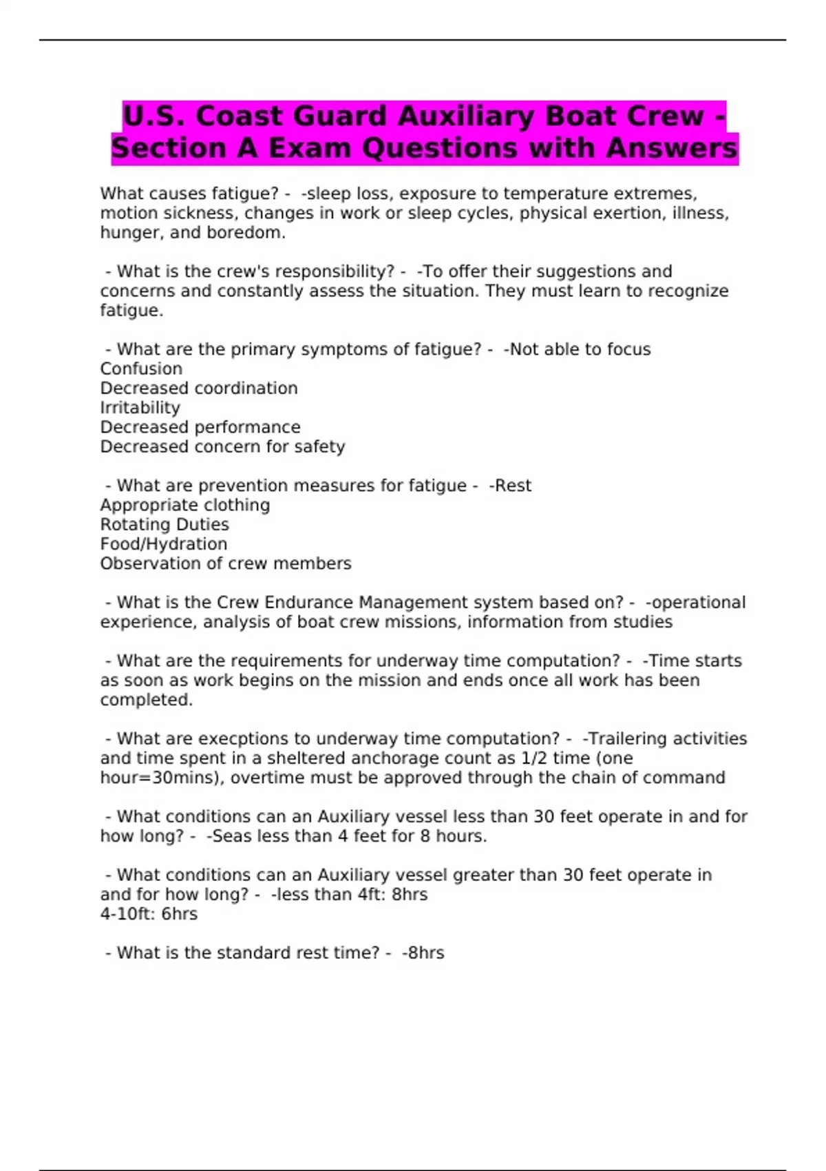 U.S. Coast Guard Auxiliary Boat Crew - Section A Exam Questions with ...