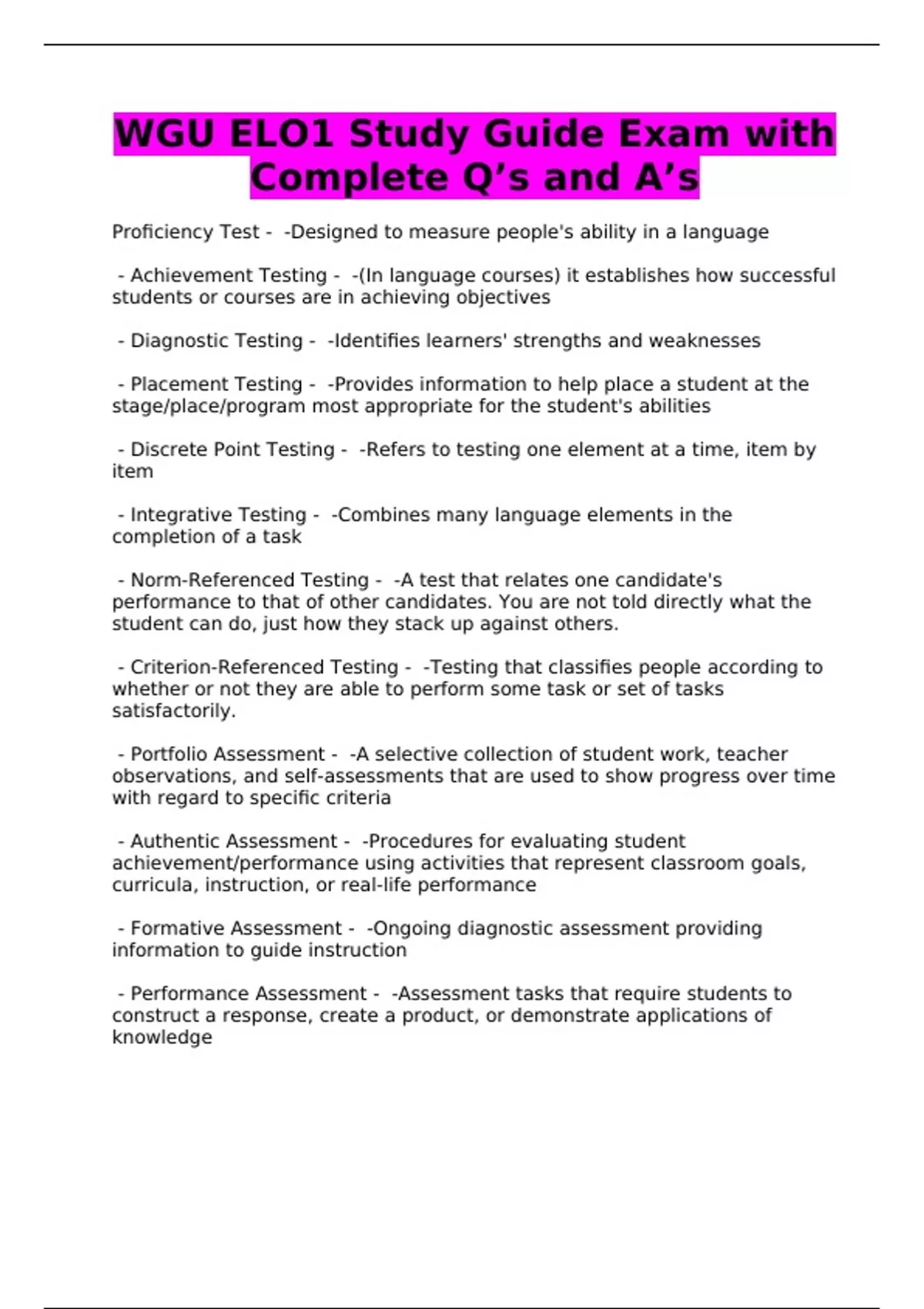 WGU ELO1 Study Guide Exam with Complete Q’s and A’s - WGU ELO1 - Stuvia US