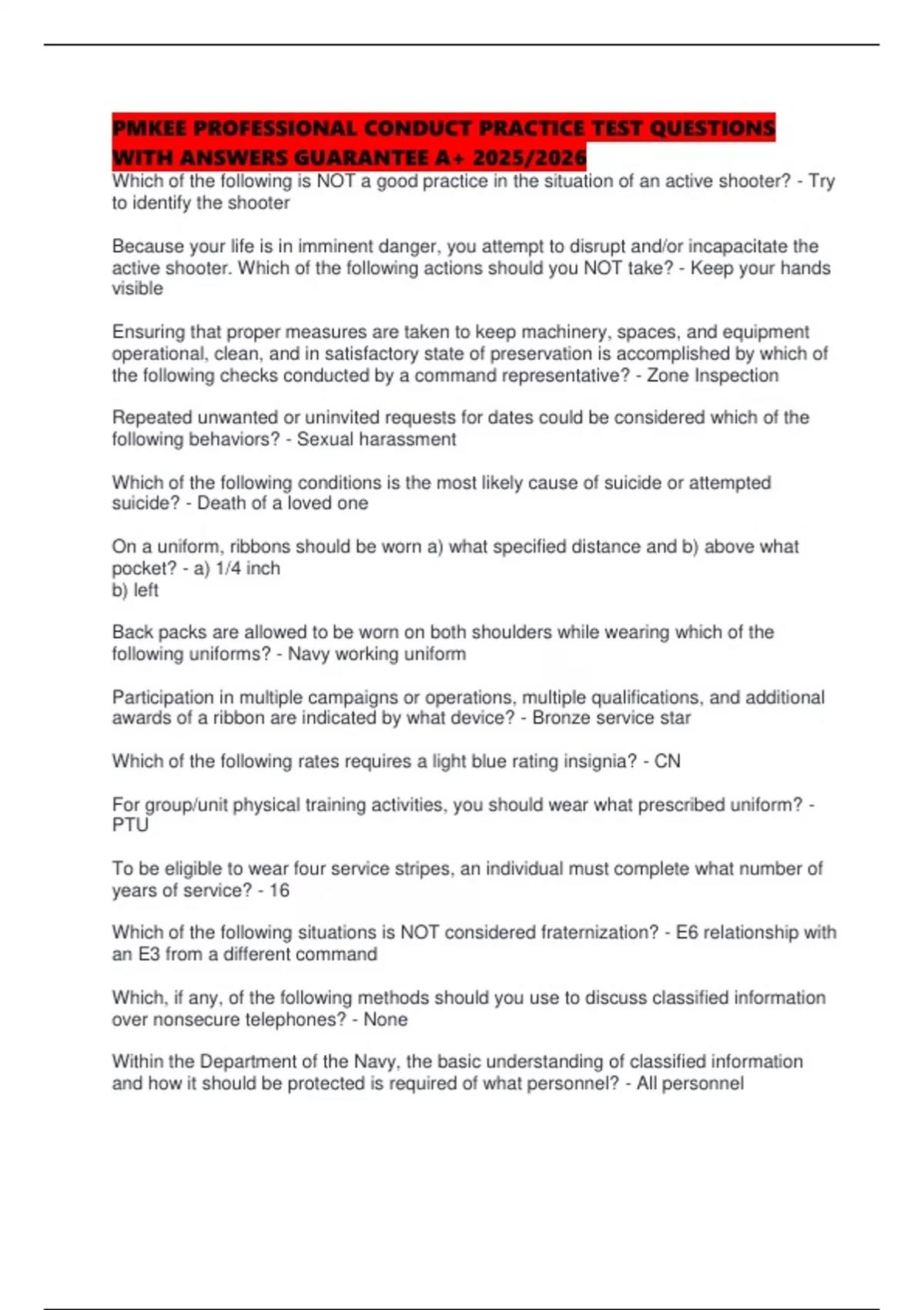 PMKEE PROFESSIONAL CONDUCT PRACTICE TEST QUESTIONS WITH ANSWERS ...