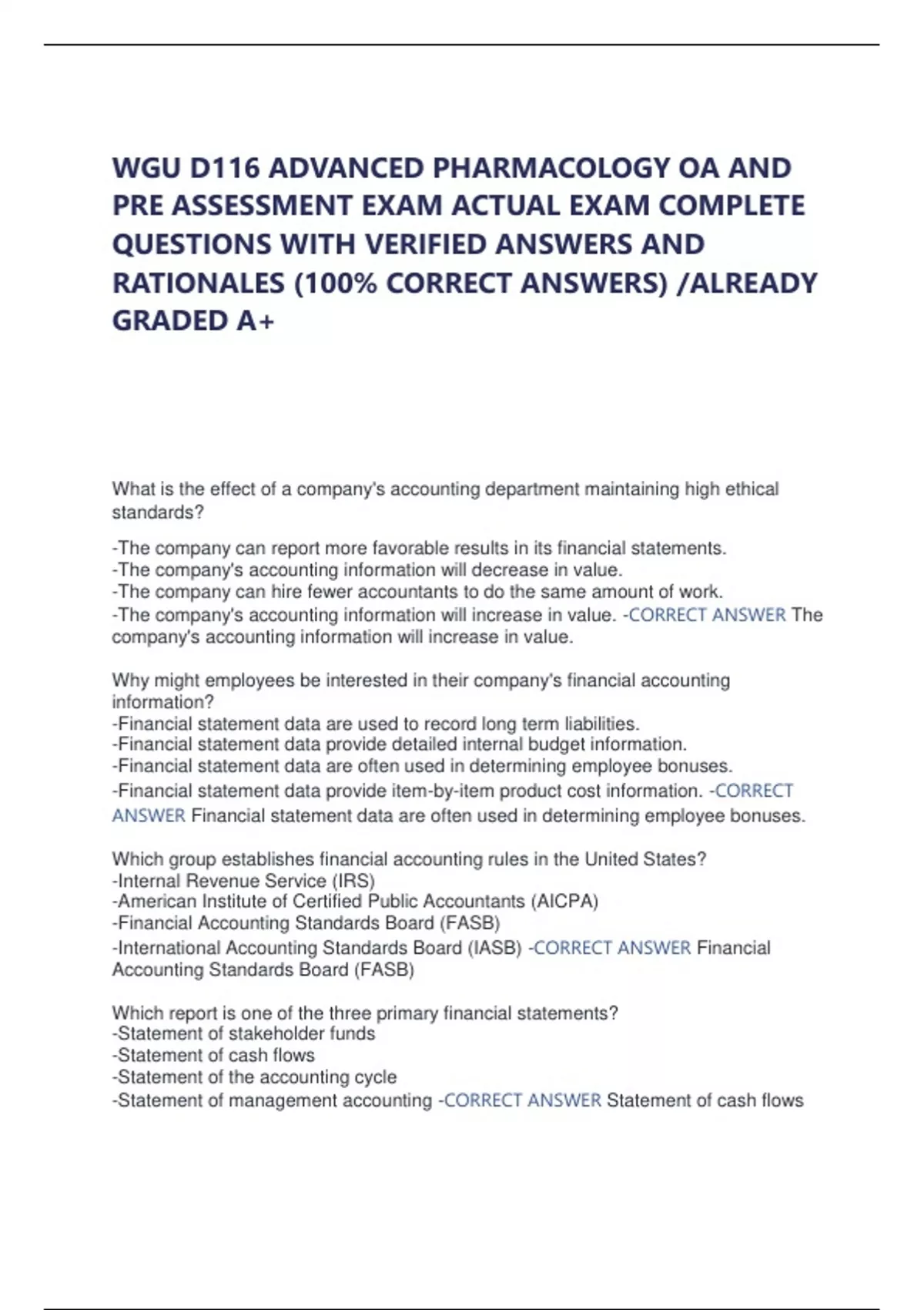WGU D116 ADVANCED PHARMACOLOGY OA AND PRE ASSESSMENT EXAM ACTUAL EXAM COMPLETE 500 QUESTIONS ...