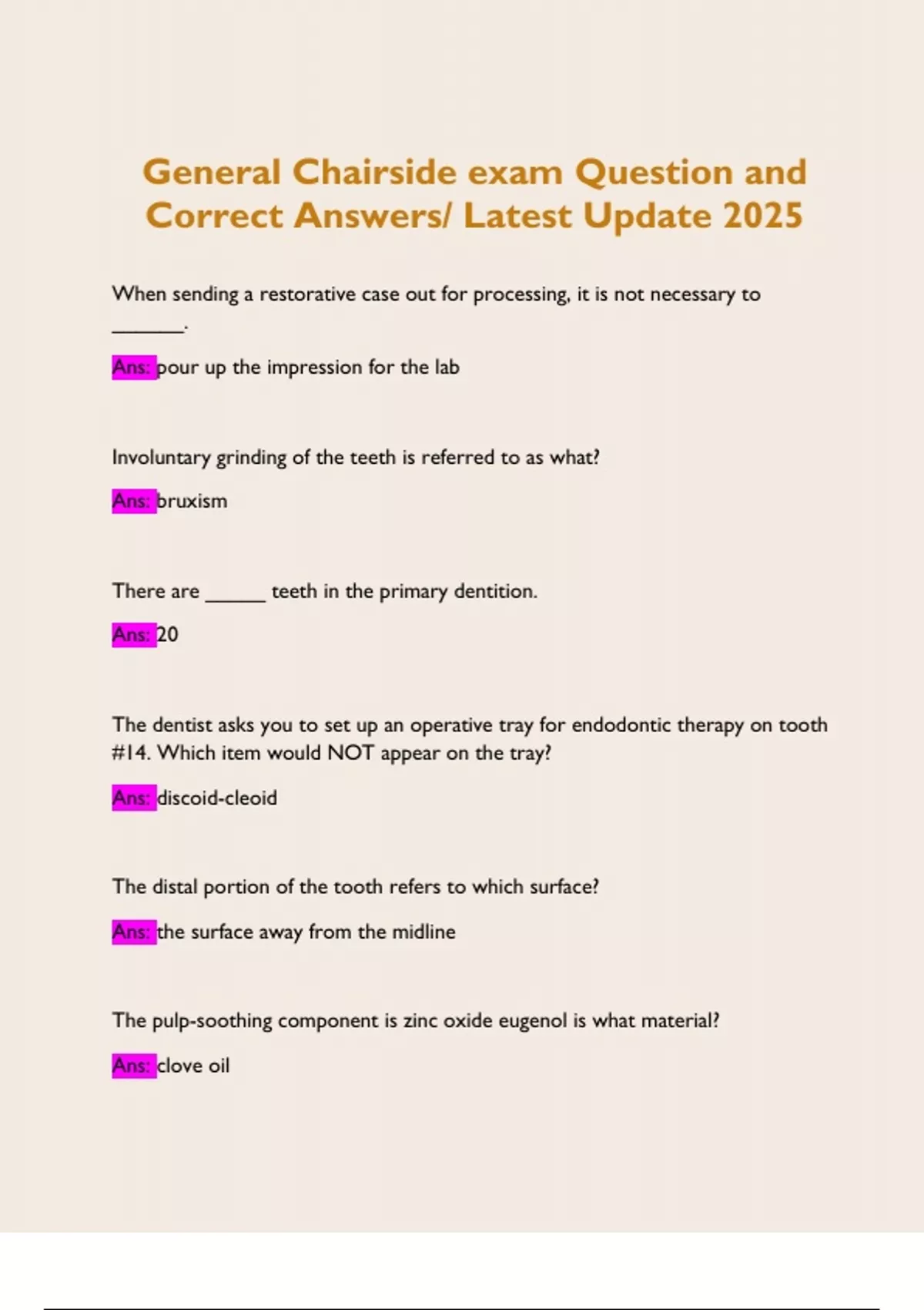 General Chairside exam Question and Correct Answers/ Latest Update 2025 ...