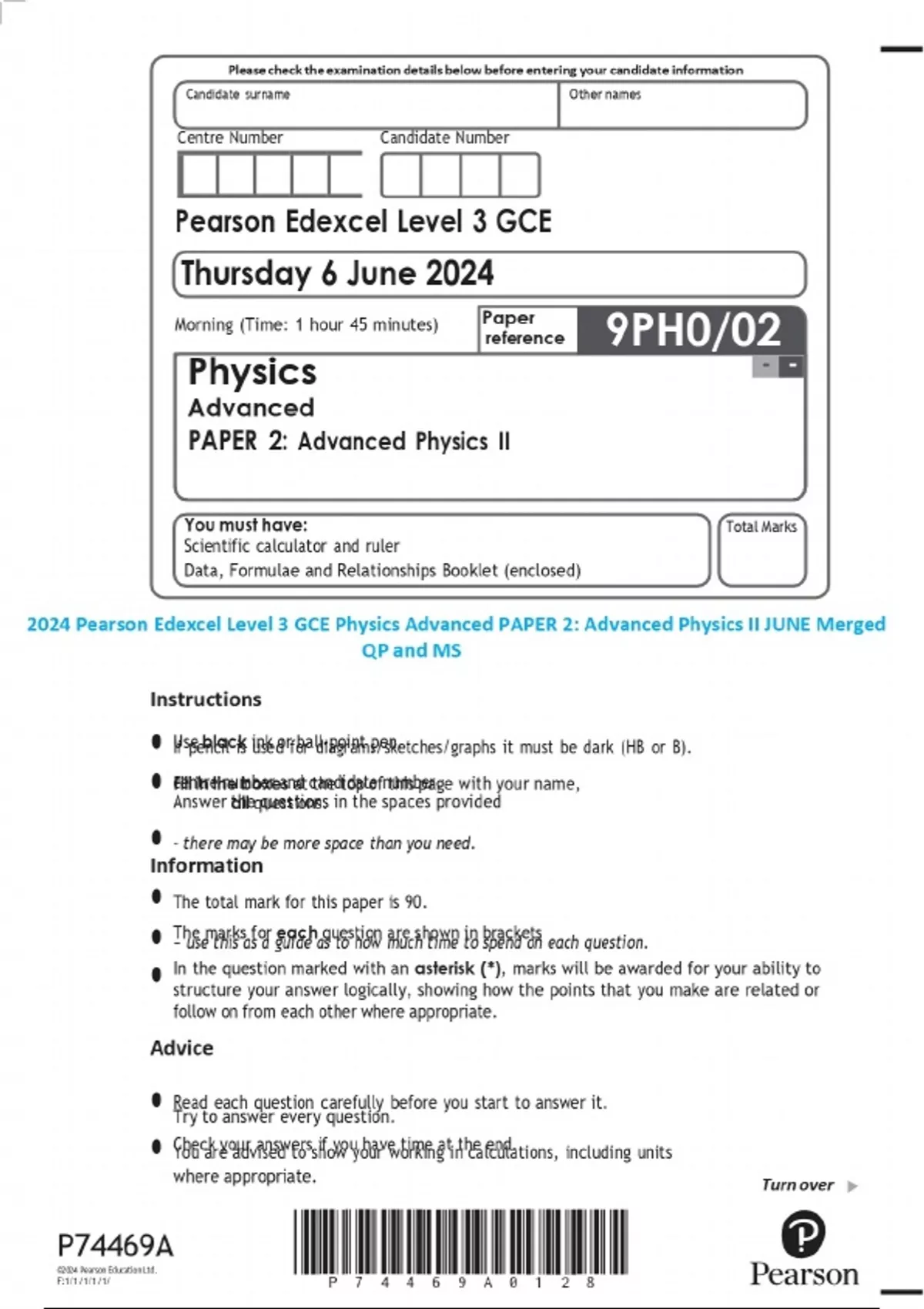 2024 Pearson Edexcel Level 3 GCE Physics Advanced PAPER 2: Advanced ...
