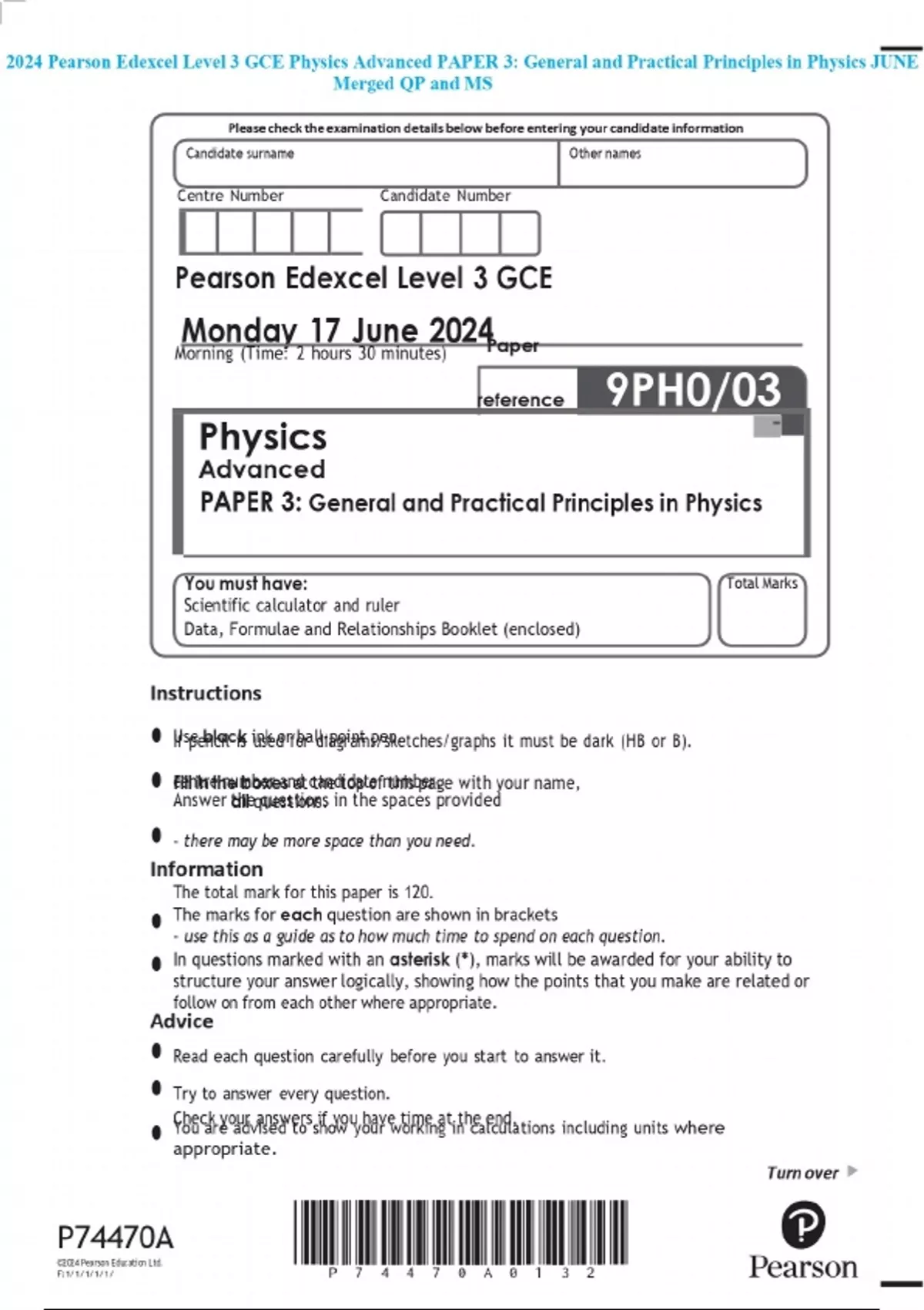 2024 Pearson Edexcel Level 3 GCE Physics Advanced PAPER 3: General and ...