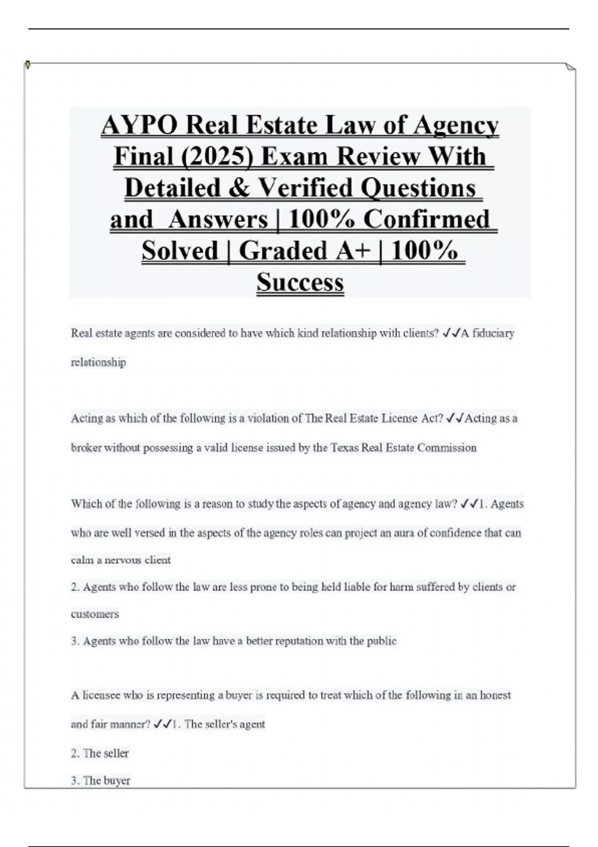 AYPO Real Estate Law of Agency Final (2025) Exam Review With Detailed ...