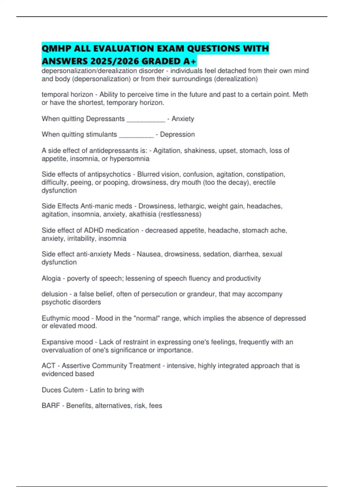 QMHP ALL EVALUATION EXAM QUESTIONS WITH ANSWERS 2025/2026 GRADED A+ ...