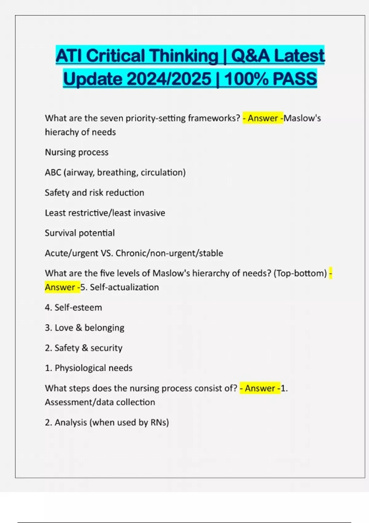 ATI Critical Thinking | Q&A Latest Update 2024/2025 | 100% PASS - ATI ...