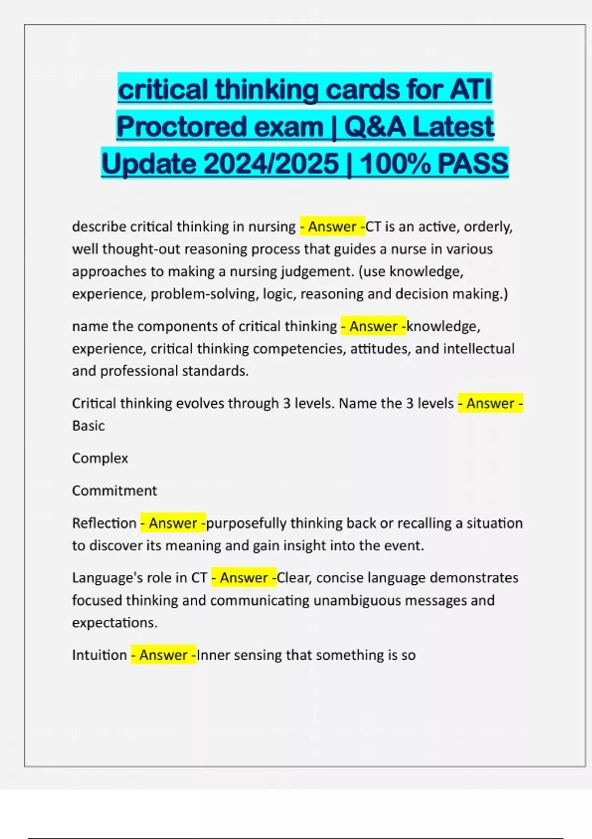 critical thinking cards for ATI Proctored exam | Q&A Latest Update 2024 ...