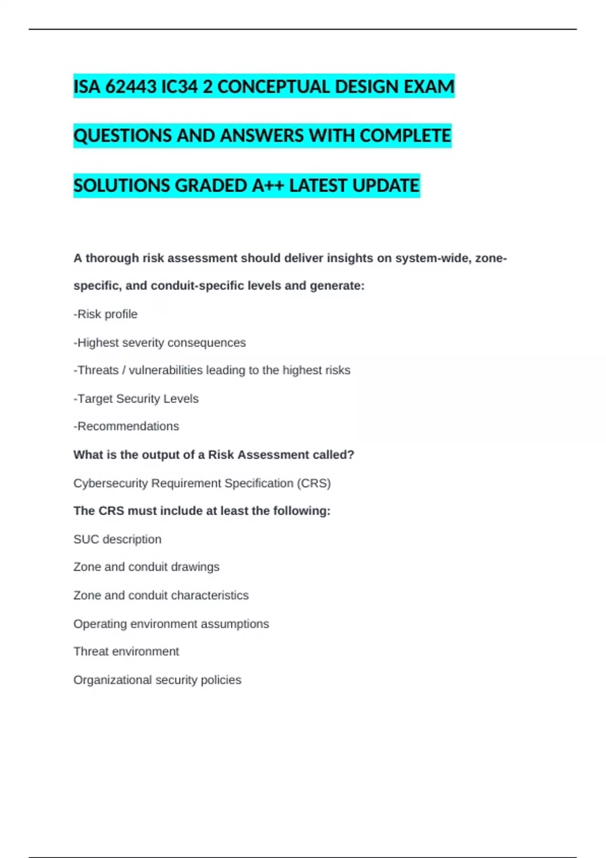ISA 62443 IC34 2 CONCEPTUAL DESIGN EXAM QUESTIONS AND ANSWERS WITH ...