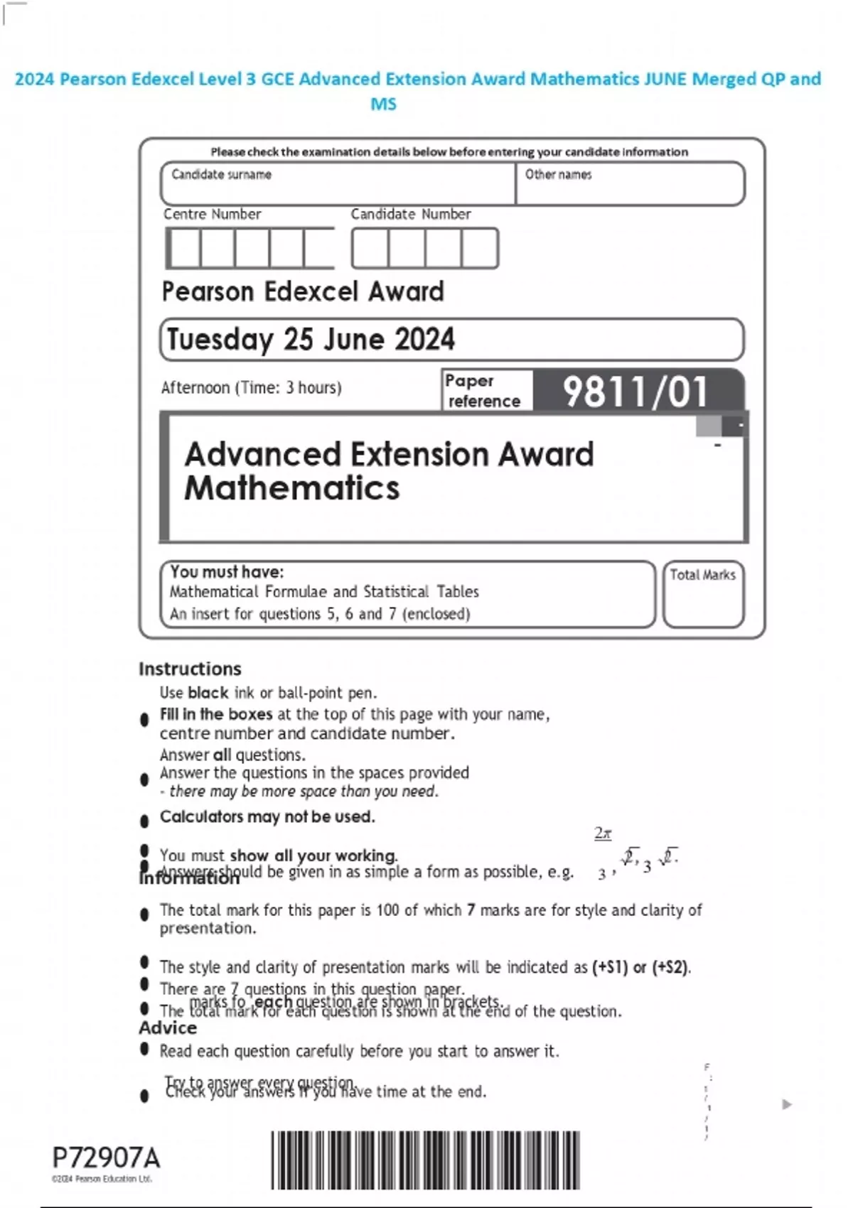 2024 Pearson Edexcel Level 3 GCE Advanced Extension Award Mathematics ...