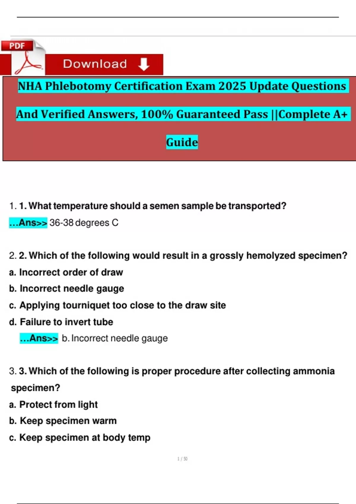NHA Phlebotomy Certification Exam 2025 Update Questions And Verified ...