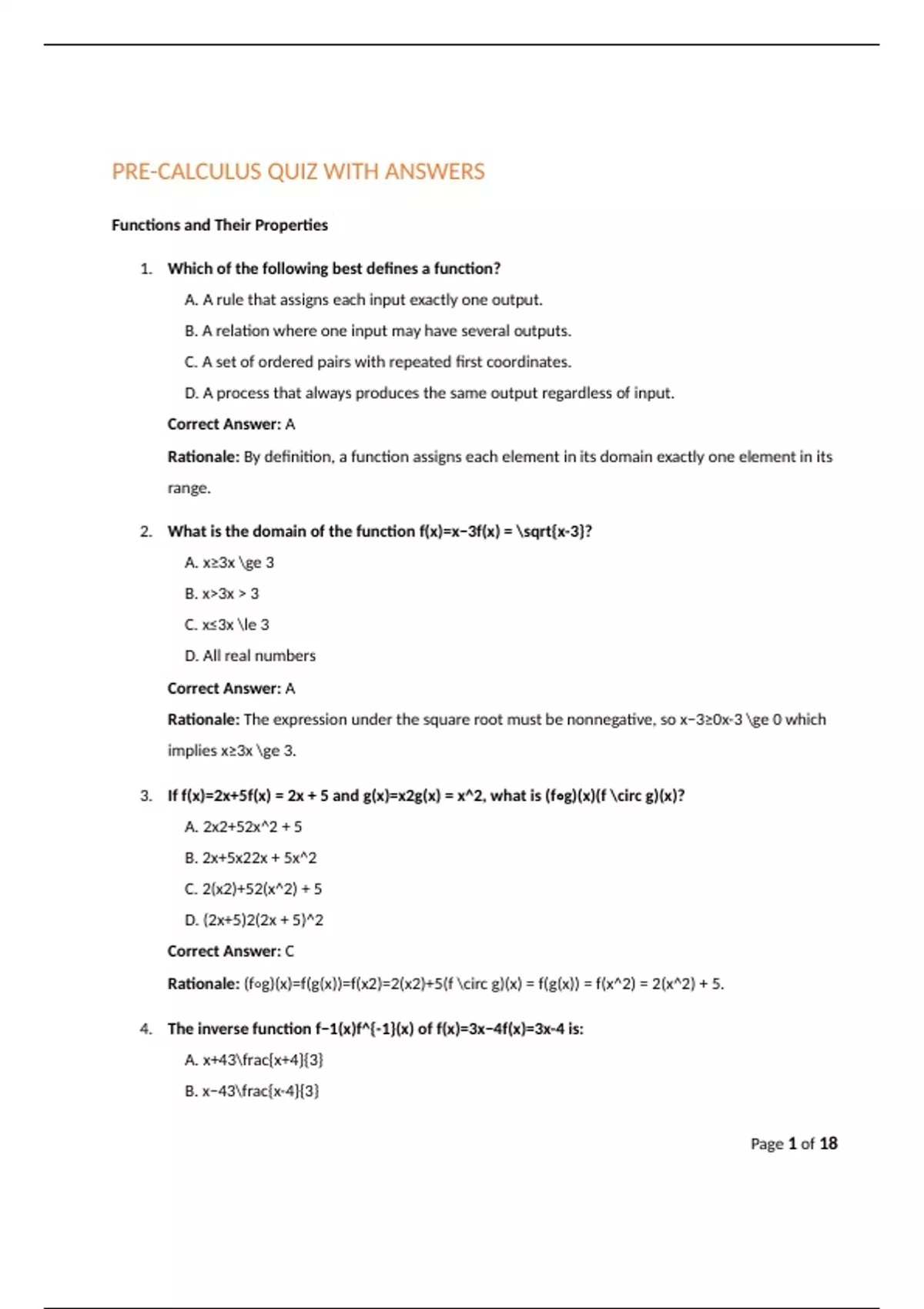 PRE-CALCULUS - Mathematics - Stuvia US