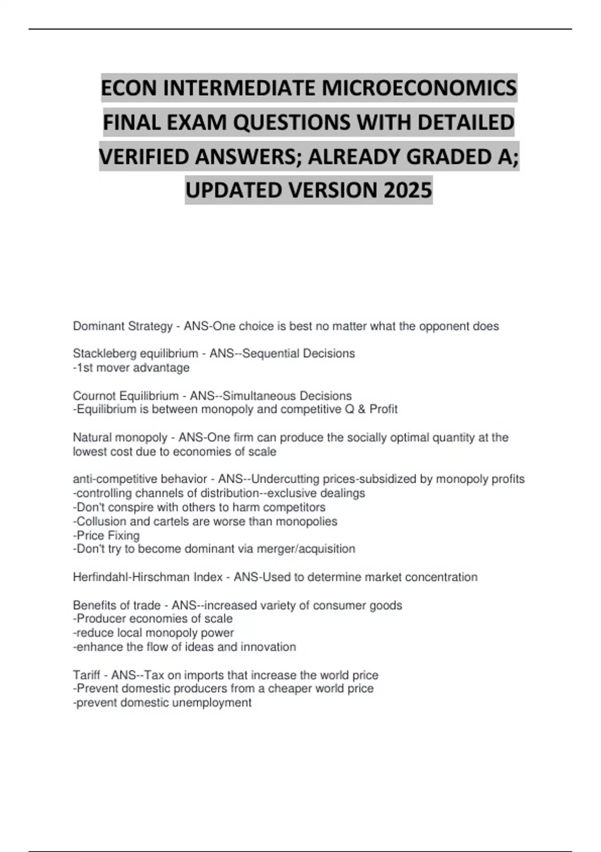 ECON INTERMEDIATE MICROECONOMICS FINAL EXAM QUESTIONS; Latest Update ...