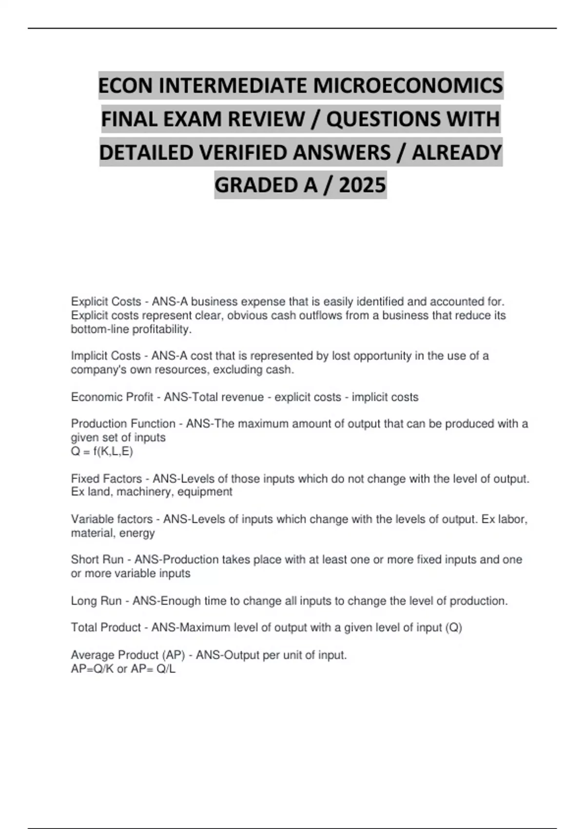 ECON INTERMEDIATE MICROECONOMICS FINAL EXAM REVIEW; QUESTIONS WITH DETAILED AND VERIFIED ANSWERS ...