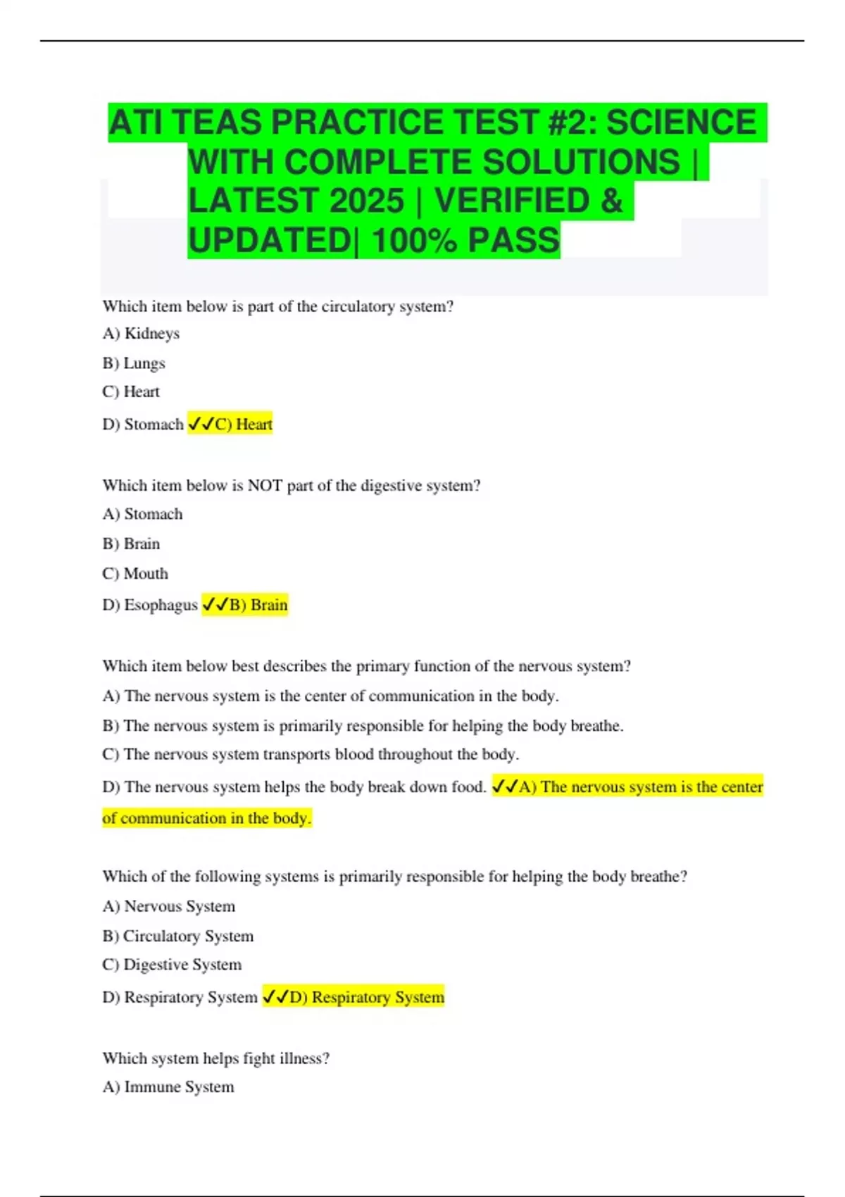 ATI TEAS PRACTICE TEST #2: SCIENCE WITH COMPLETE SOLUTIONS | LATEST ...