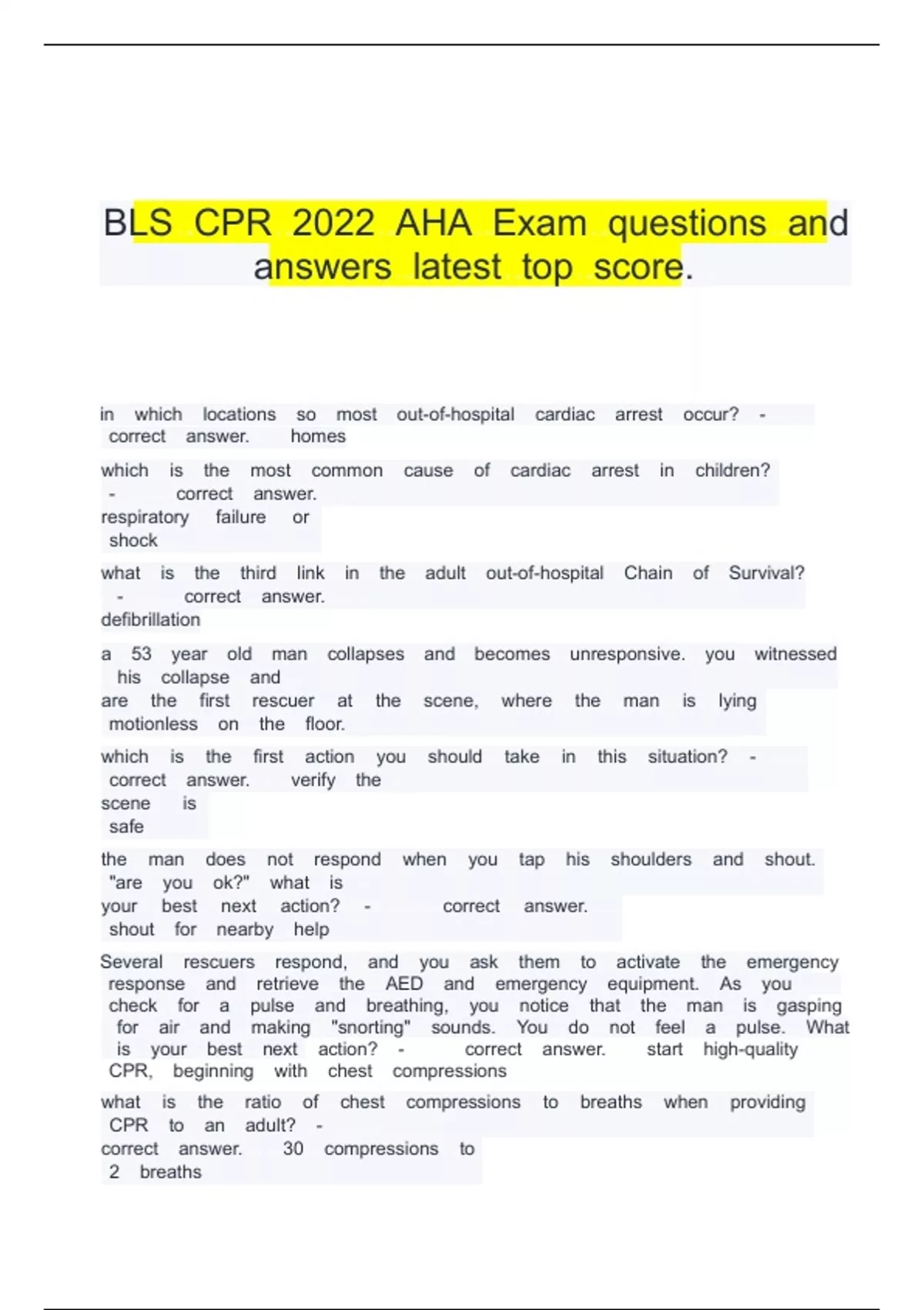 BLS CPR 2022 AHA Exam questions and answers latest top score - BLS CPR ...