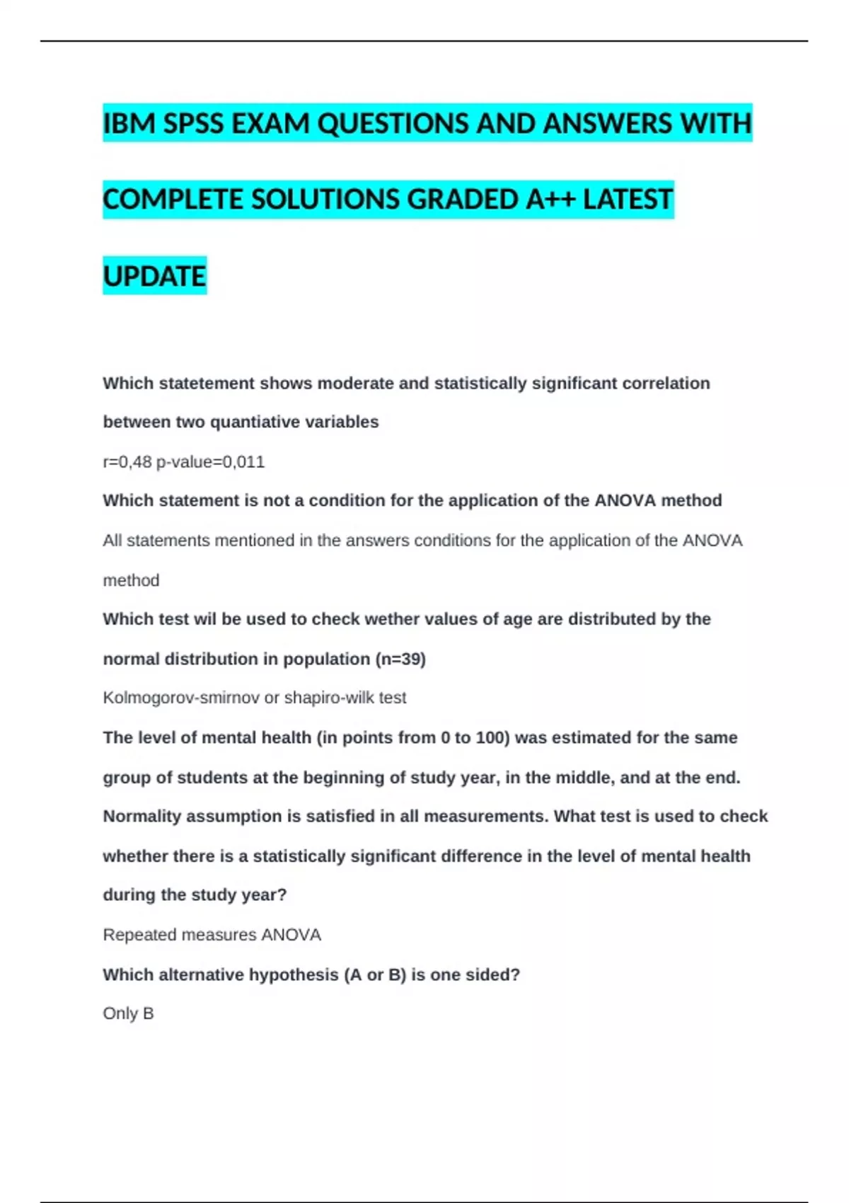 IBM SPSS EXAM QUESTIONS AND ANSWERS WITH COMPLETE SOLUTIONS GRADED A++ ...