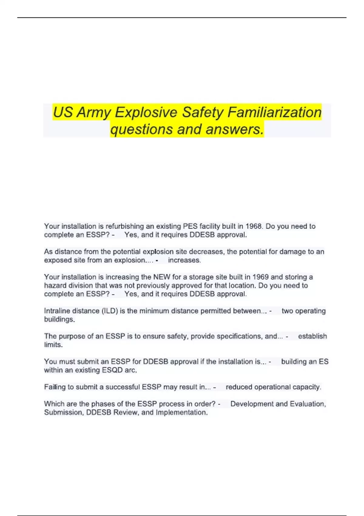 Army Explosive Safety Familiarization questions and answers. - ATI RN ...