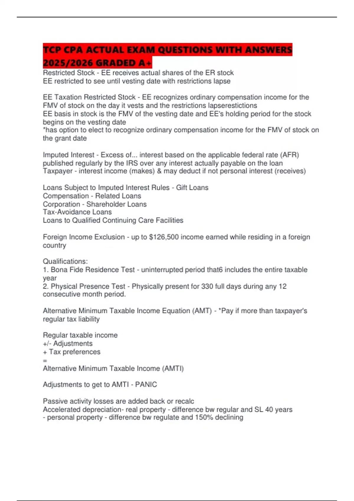 TCP CPA ACTUAL EXAM QUESTIONS WITH ANSWERS 2025/2026 GRADED A+ - TCP - Stuvia US