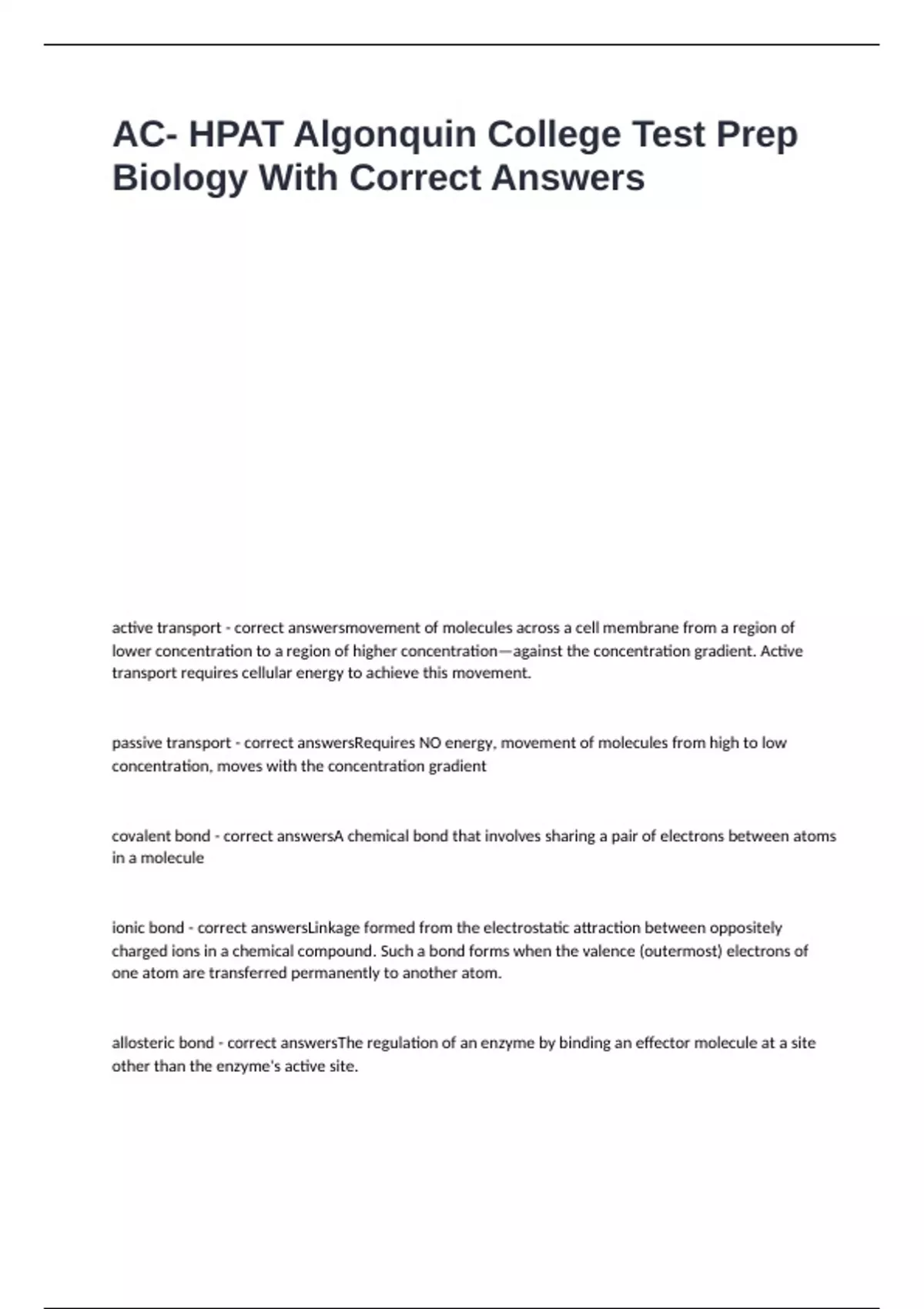 AC- HPAT Algonquin College Test Prep Biology With Correct Answers - Ac ...