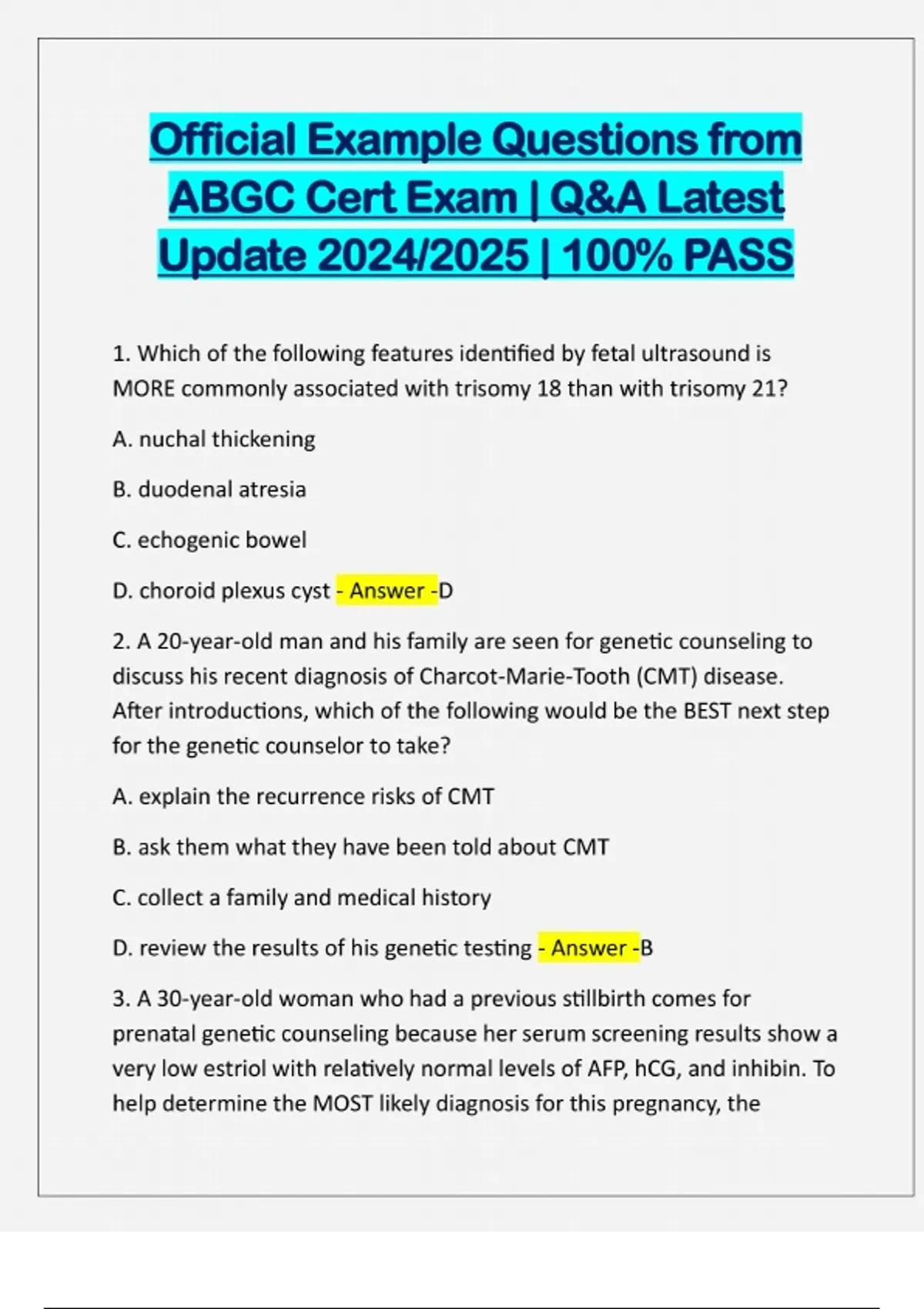 Official Example Questions from ABGC Cert Exam | Q&A Latest Update 2024 ...
