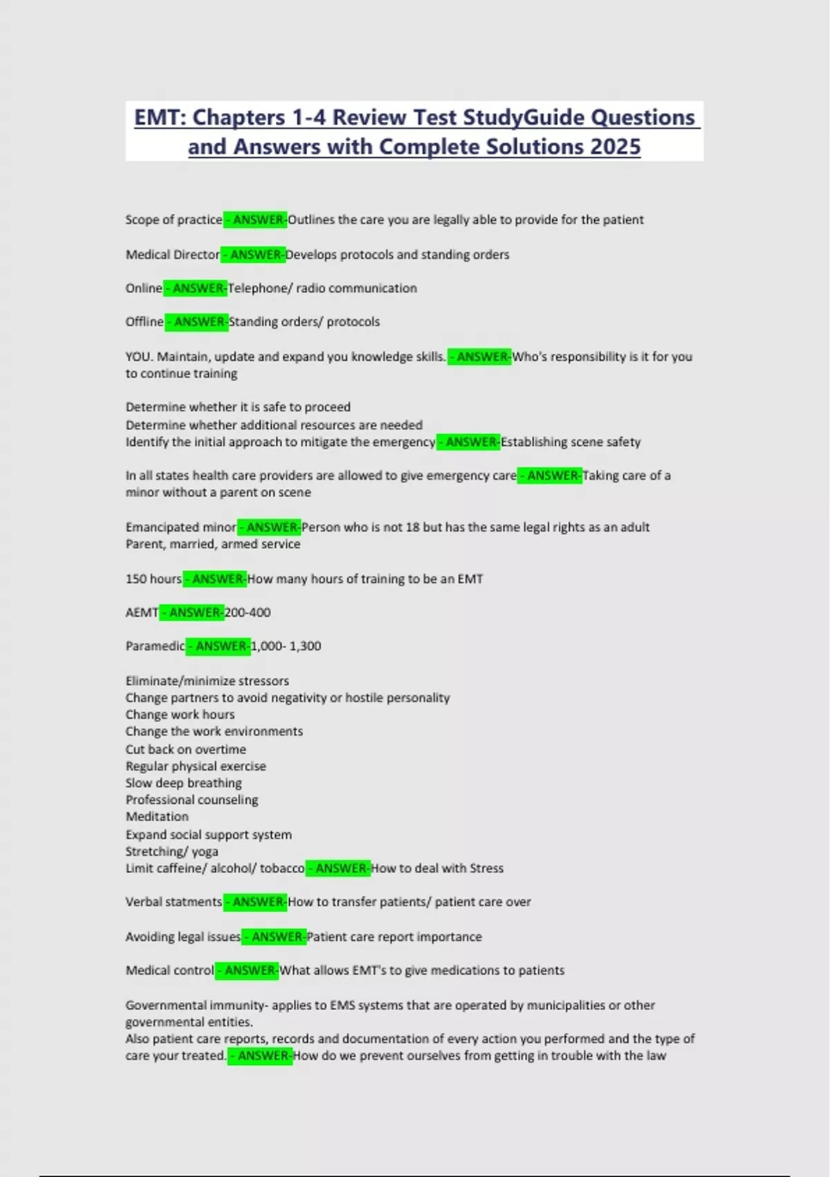 EMT: Chapters 1-4 Review Test StudyGuide Questions and Answers with ...