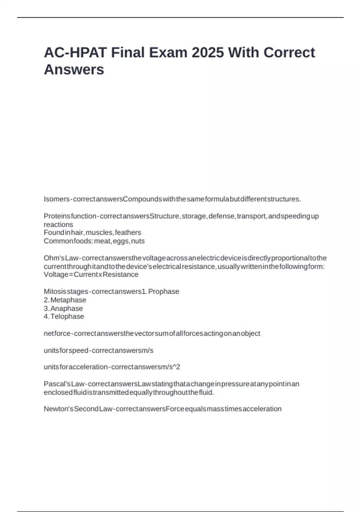 AC-HPAT Final Exam 2025 With Correct Answers - Ac hpat physics - Stuvia US