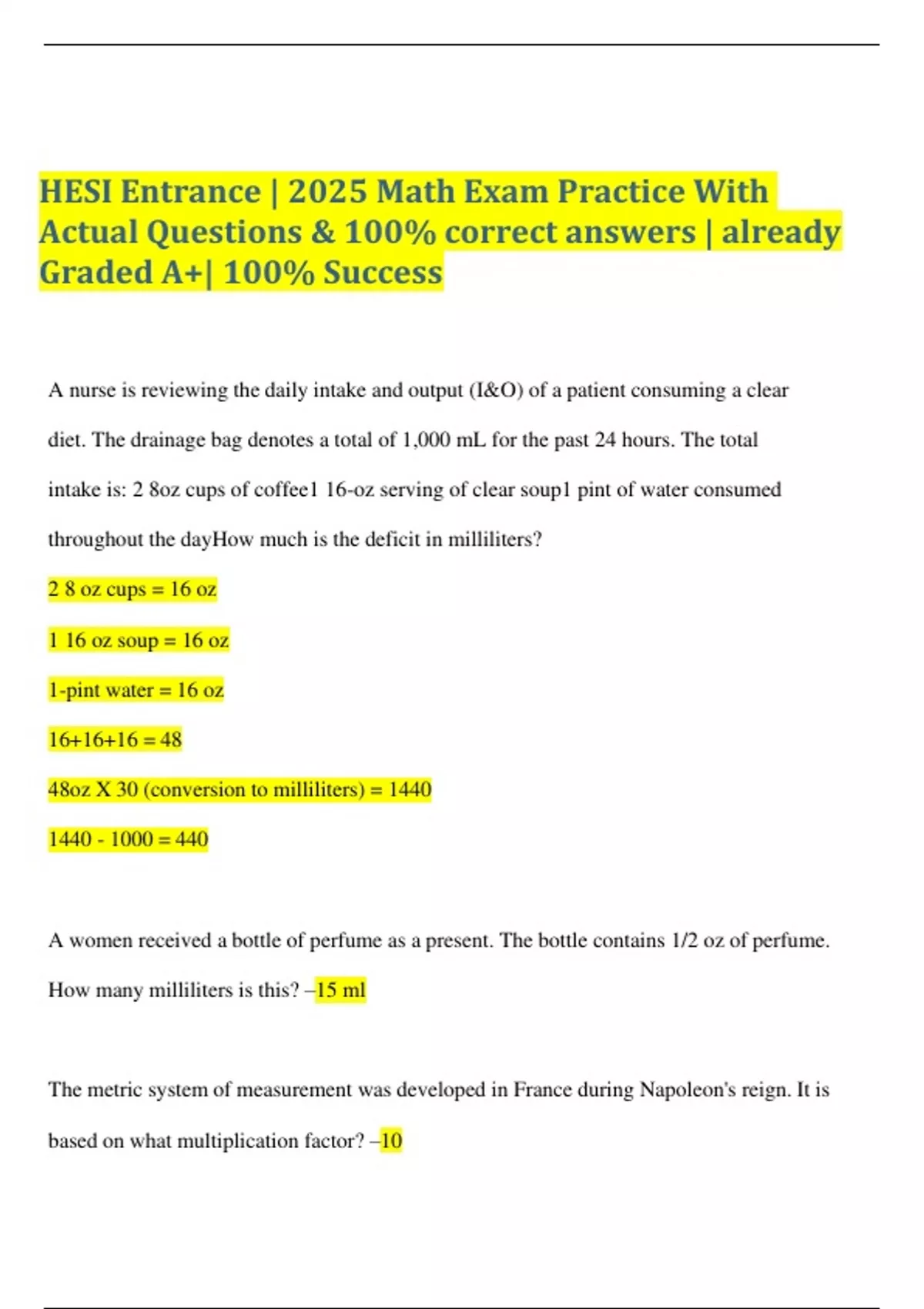 HESI Entrance | 2025 Math Exam Practice With Actual Questions & 100% ...