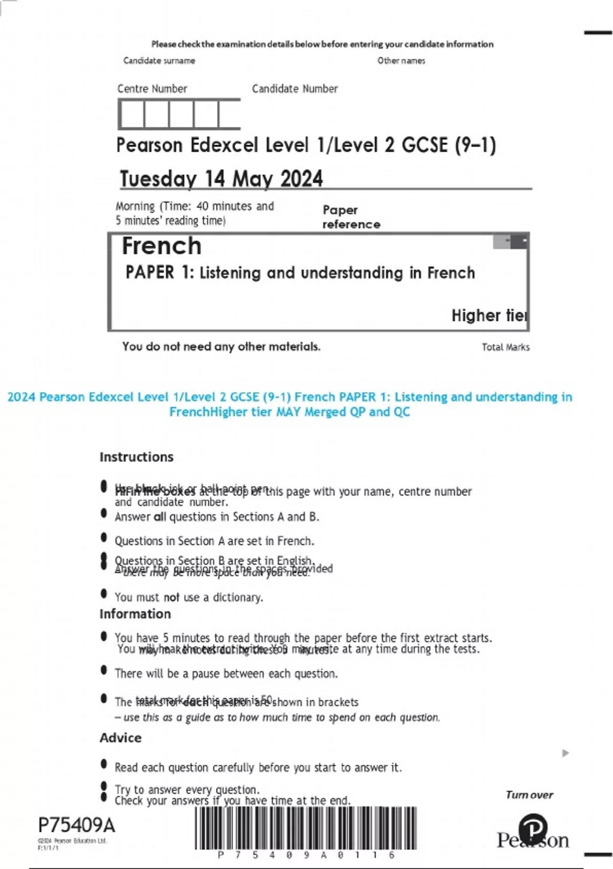 2024 Pearson Edexcel Level 1/Level 2 GCSE (9–1) French PAPER 1 ...