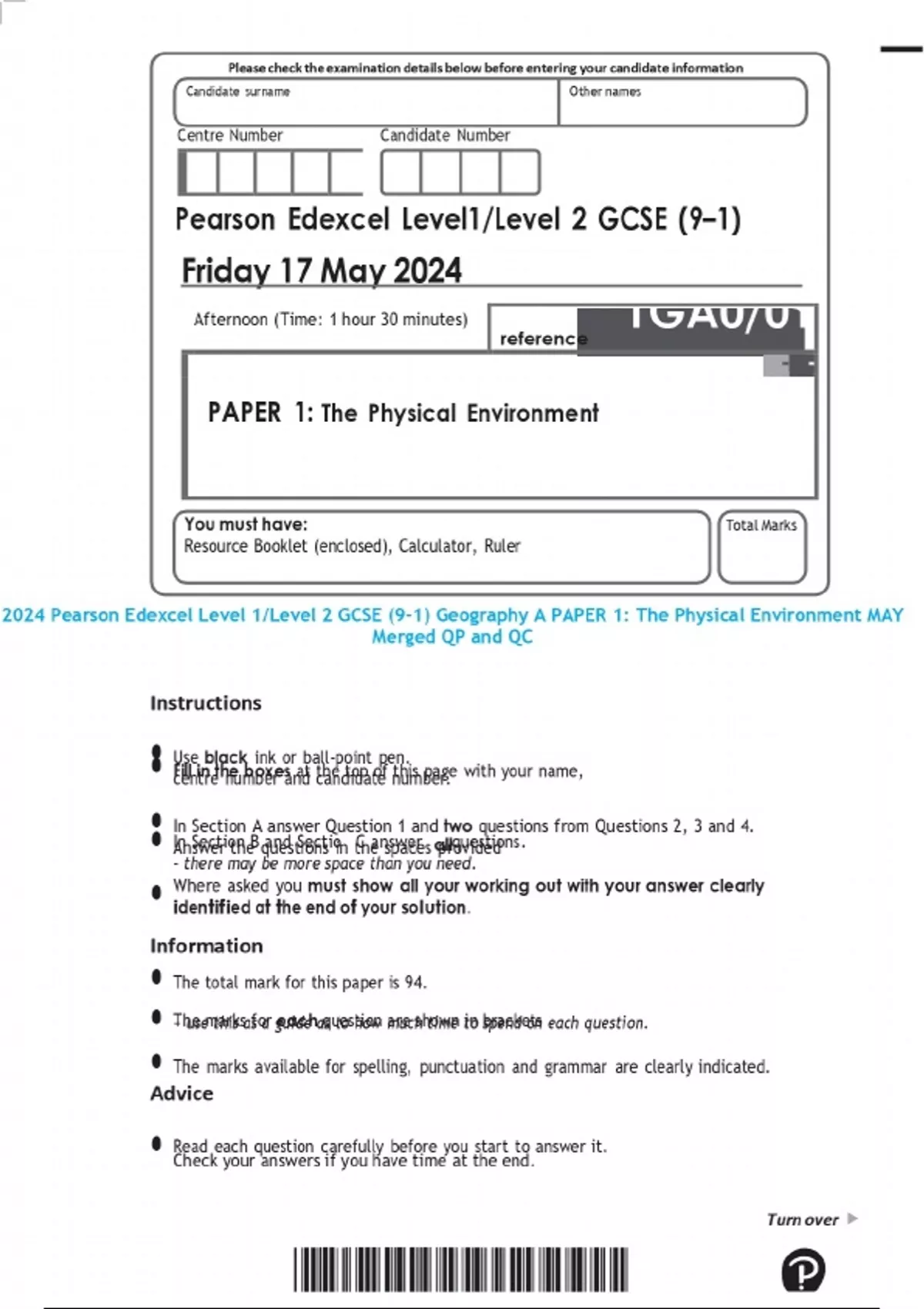 2024 Pearson Edexcel Level 1/Level 2 GCSE (9–1) Geography A PAPER 1 ...