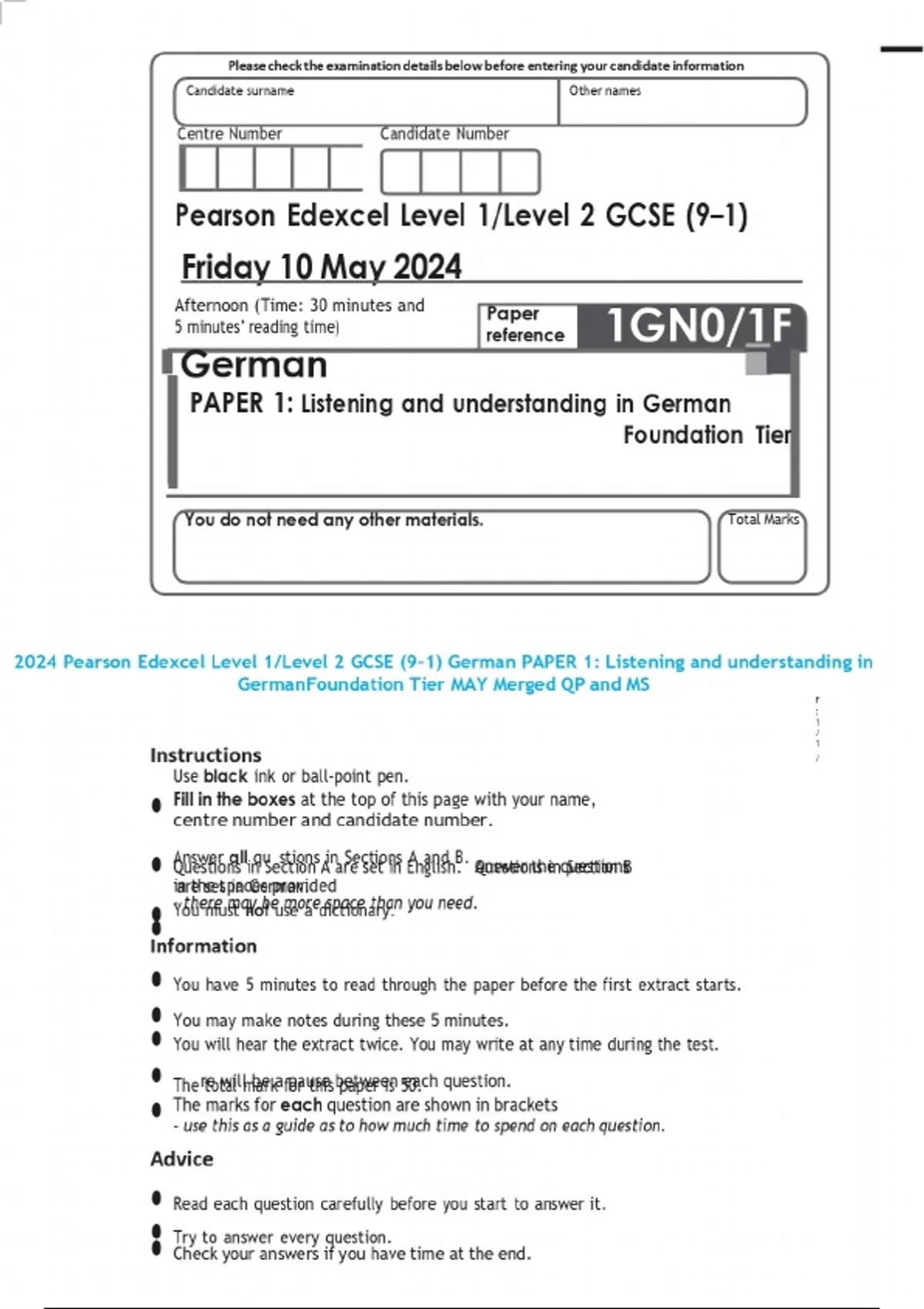 2024 Pearson Edexcel Level 1/Level 2 GCSE (9–1) German PAPER 1 ...