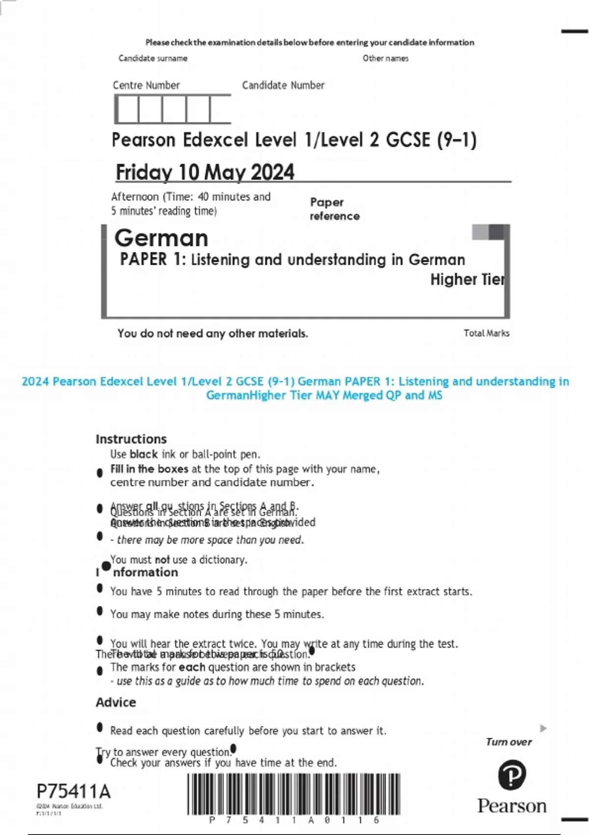 2024 Pearson Edexcel Level 1/Level 2 GCSE (9–1) German PAPER 1 ...