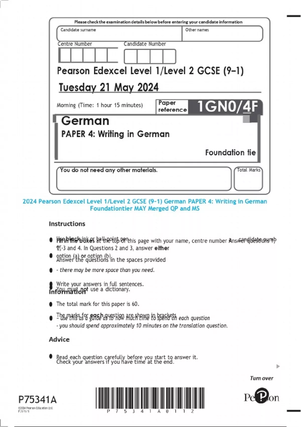 2024 Pearson Edexcel Level 1/Level 2 GCSE (9–1) German PAPER 4: Writing ...