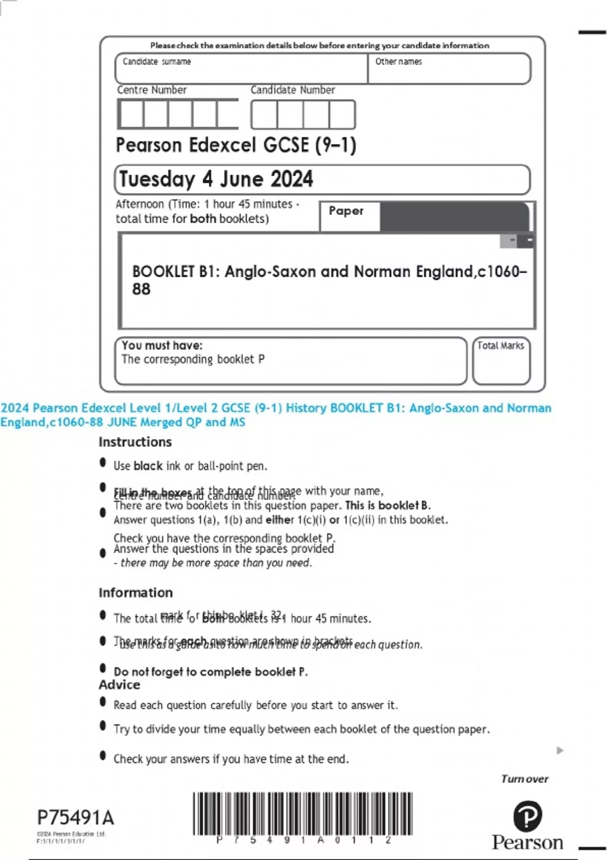 2024 Pearson Edexcel Level 1/Level 2 GCSE (9–1) History BOOKLET B1 ...